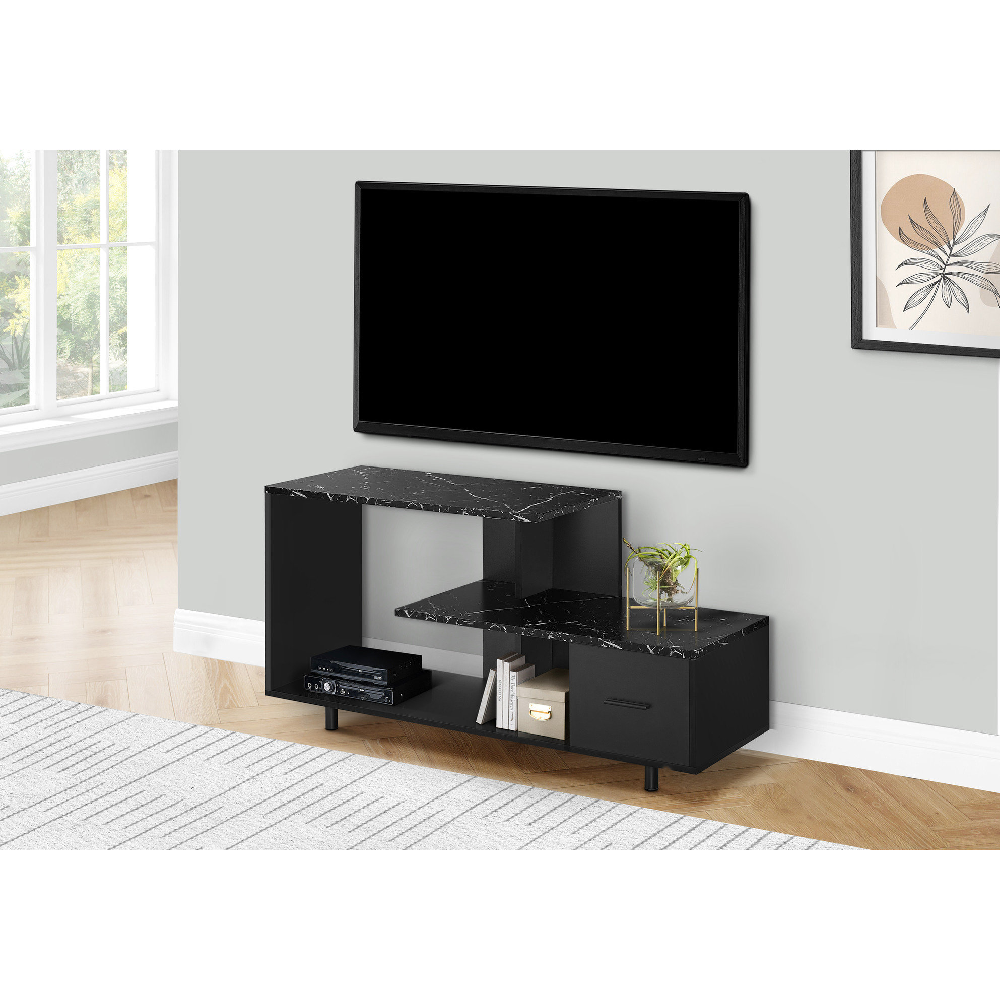 Ivy Bronx Tv Stand 48 Inch, Console With Black Marble Look Laminate And ...