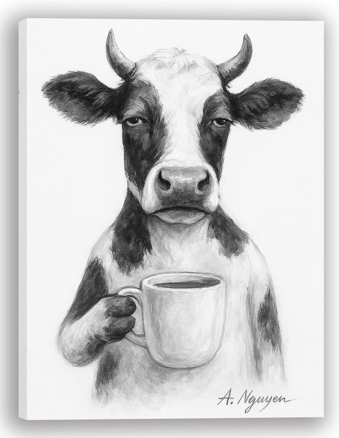 Trinx “Moody Moo – Morning Coffee Mood” Wrapped Canvas Wall Art | Wayfair