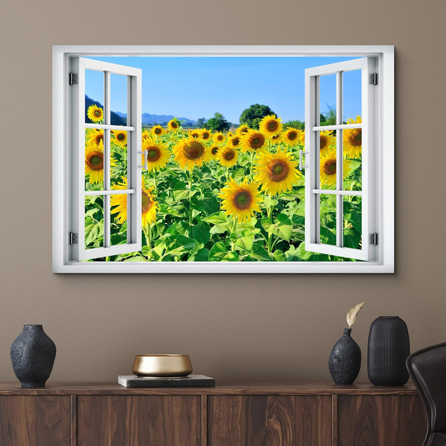 IDEA4WALL Window Scenery " Window View Neon Sunflower Botanical Floral ...