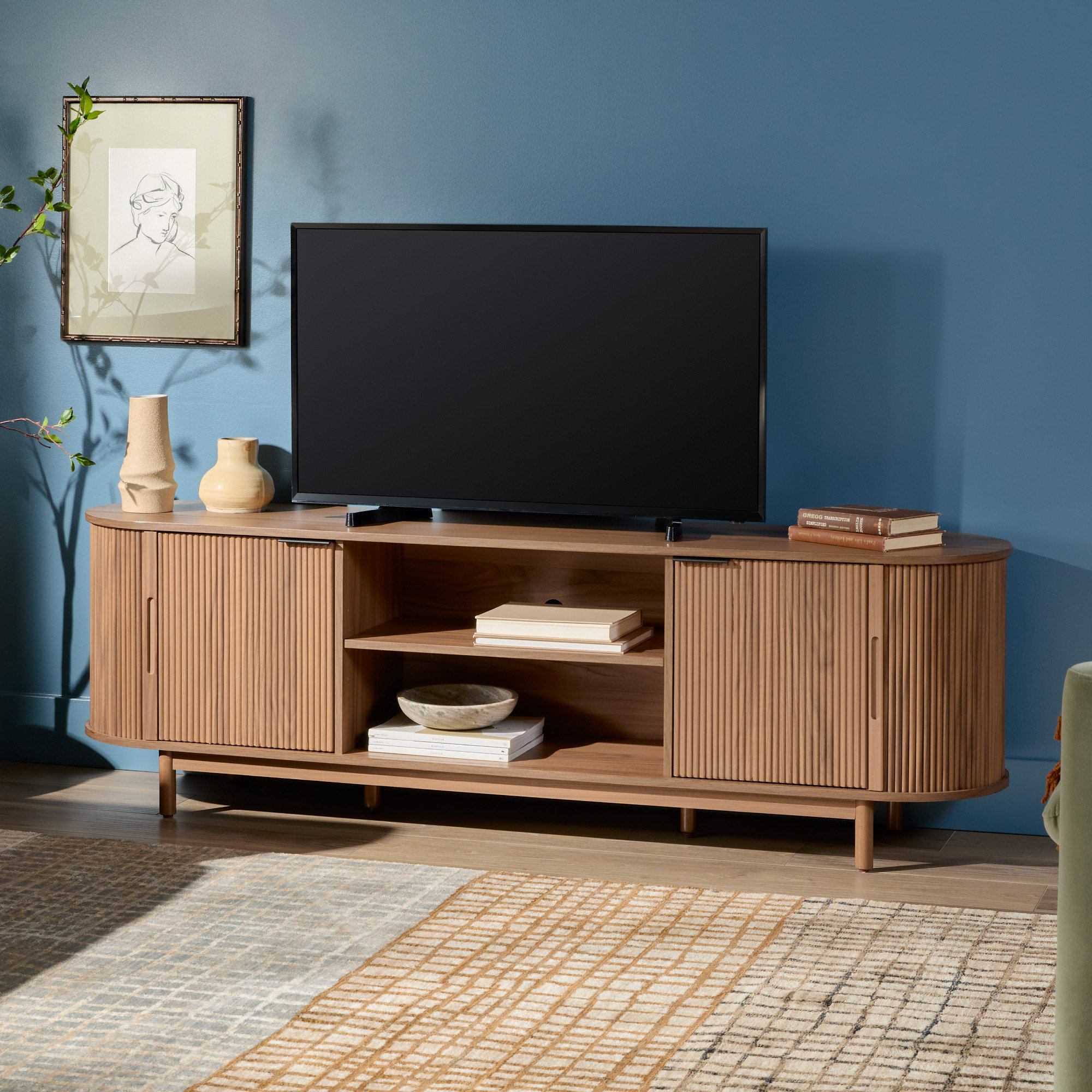 Latitude Run® Dragelin Modern Reeded TV Stand with Open Storage ...