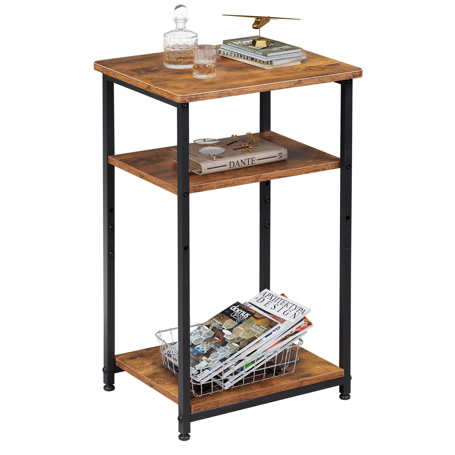 17 Stories 3-Tier Rustic Brown End Table, Narrow Side Table for Living ...