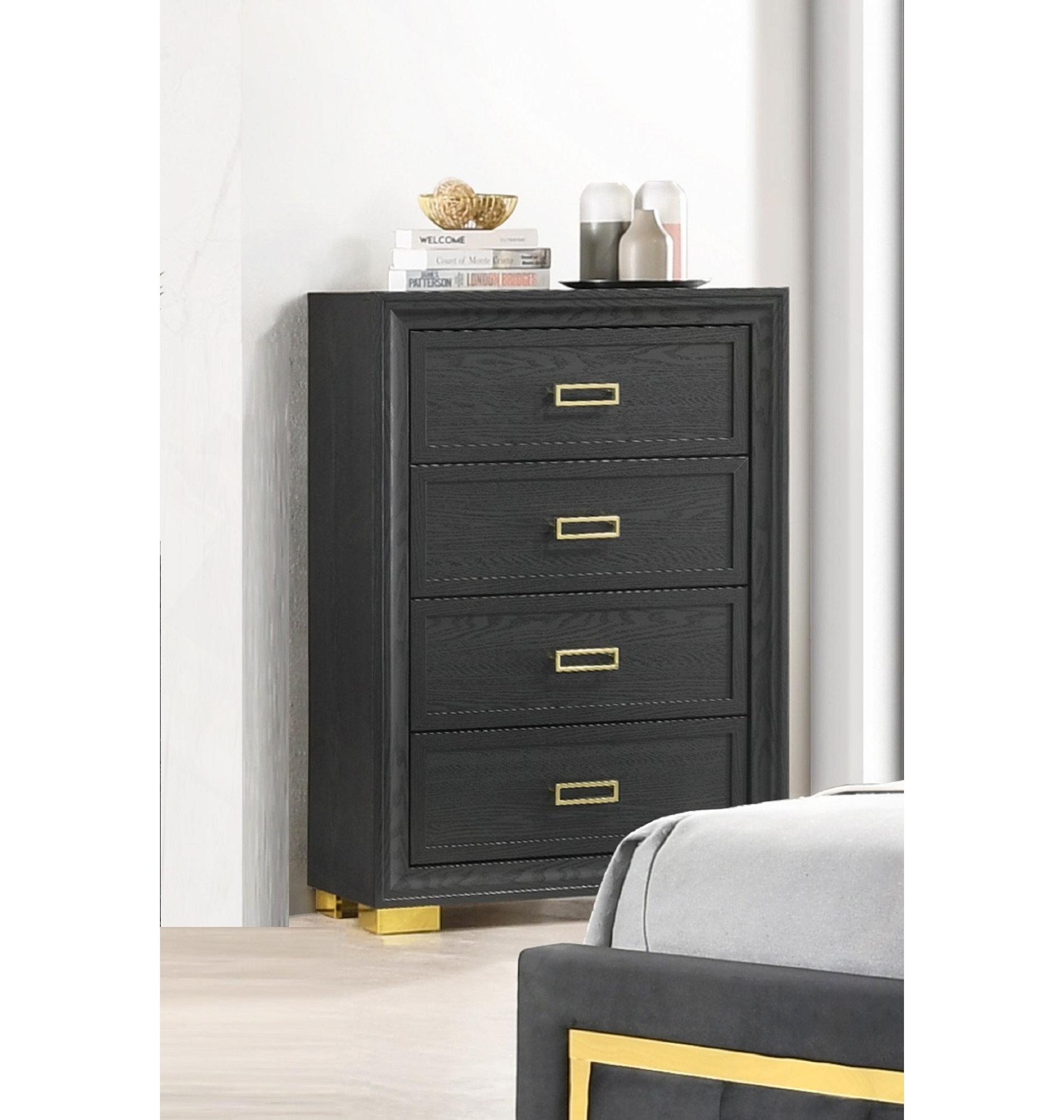 Everly Quinn Drawer Dresser, Modern Glam Style 4-Drawer Chest Dark Gray ...