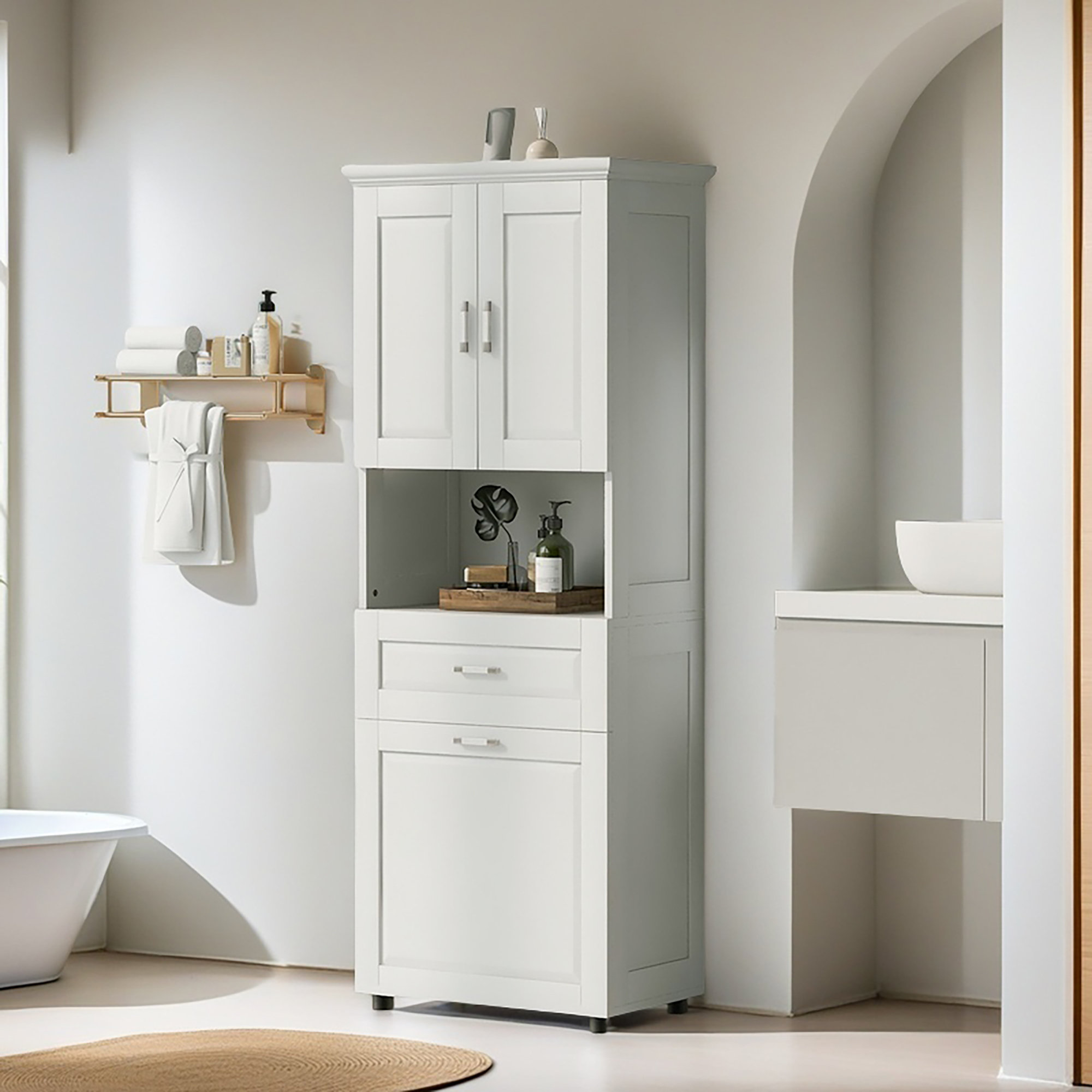 Red Barrel Studio Tall Bathroom Cabinet With Laundry Basket, Large ...