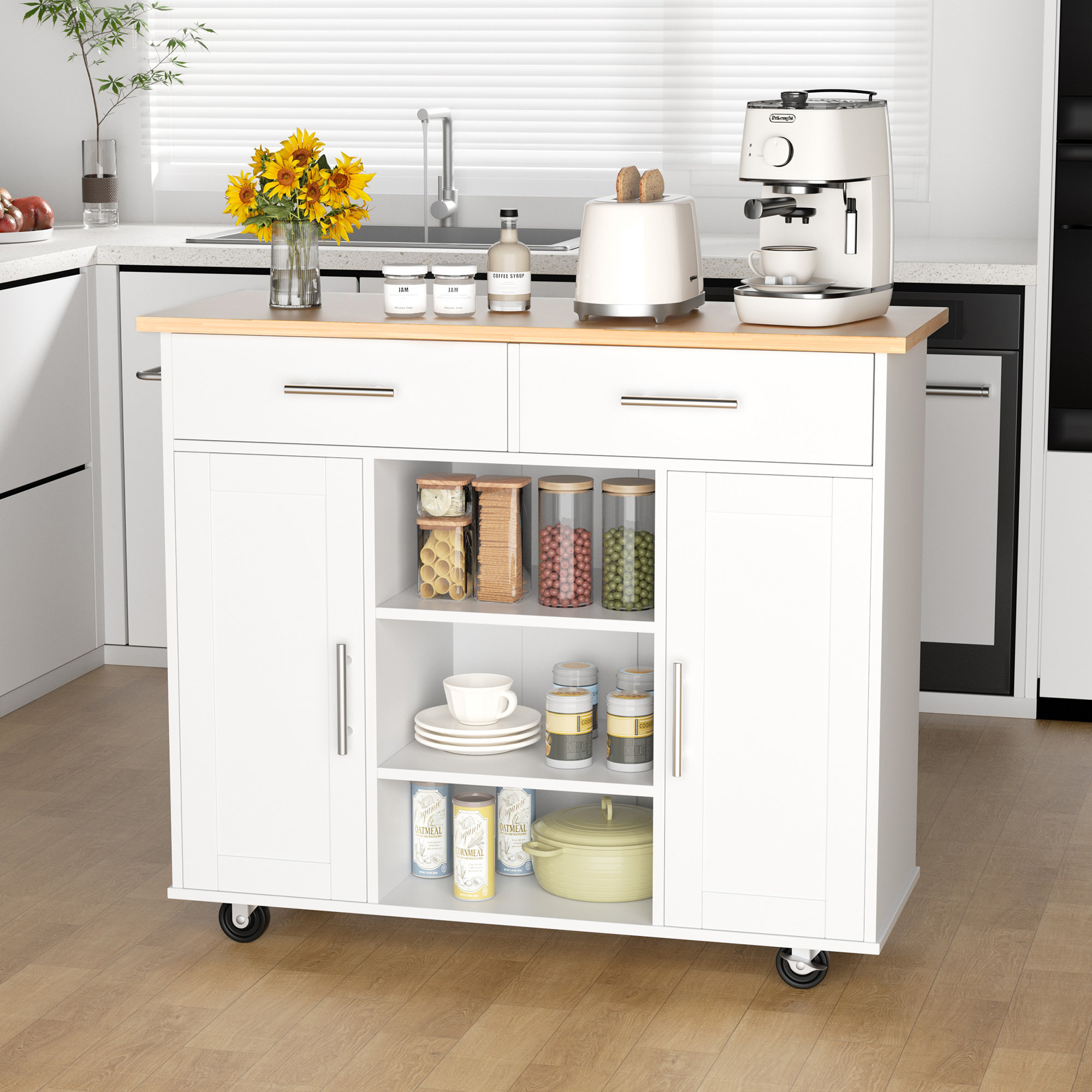 Lark Manor Aralynne Kitchen Storage Island Cart With 3 Open Shelves, 2 ...