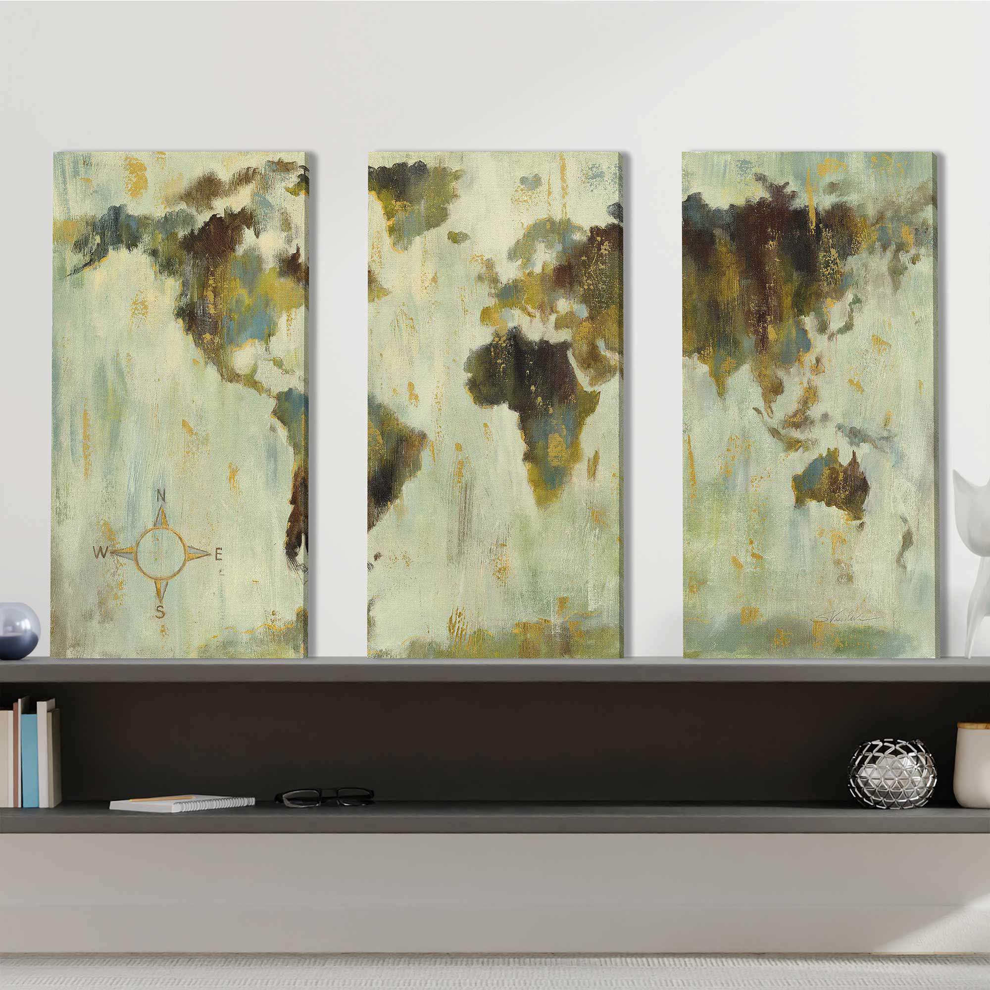 Longshore Tides Bronze World Map - 3 Piece Wrapped Canvas Painting Set ...