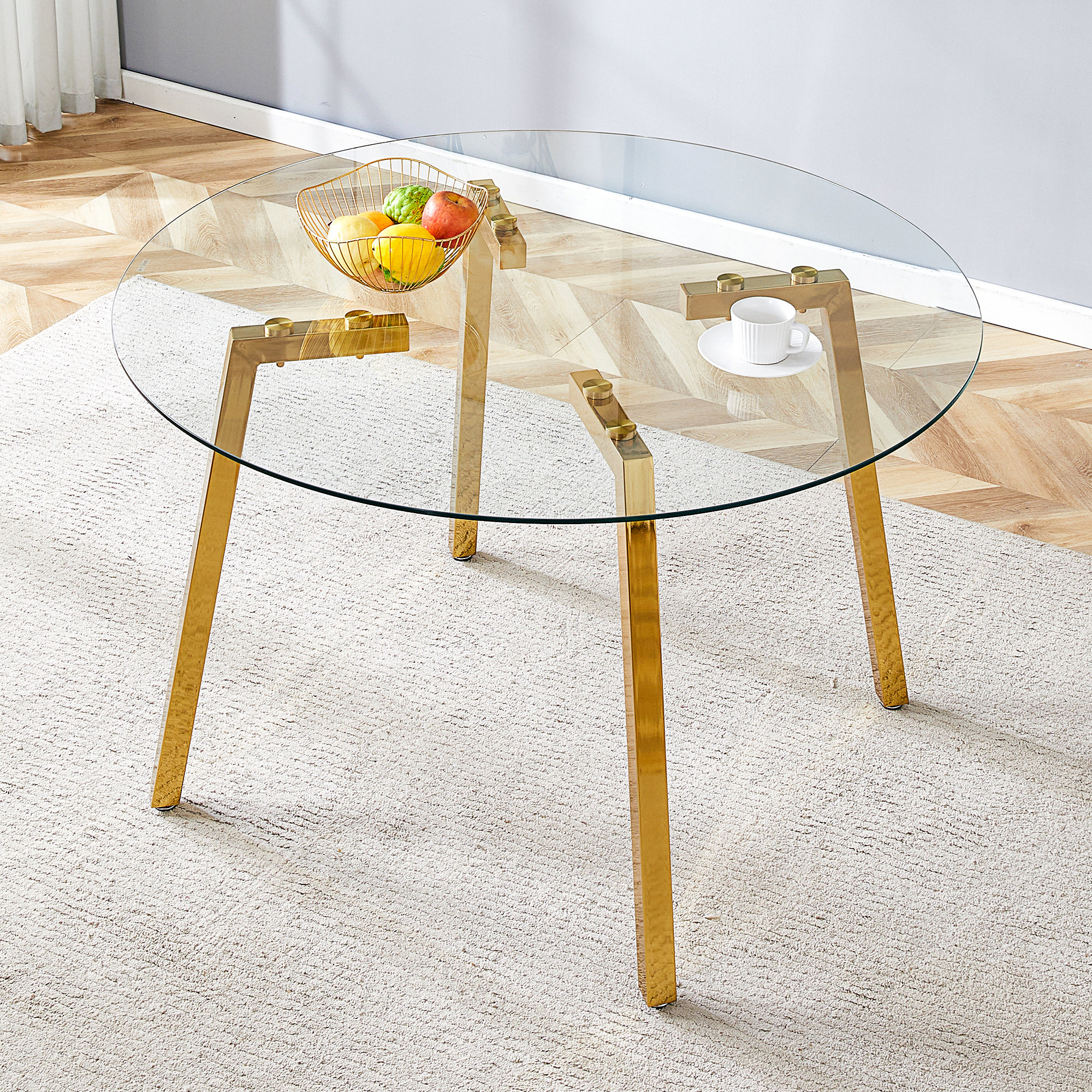 Mercer41 Modern Luxurious Round Tempered Glass Dining Table With Gold 7 ...
