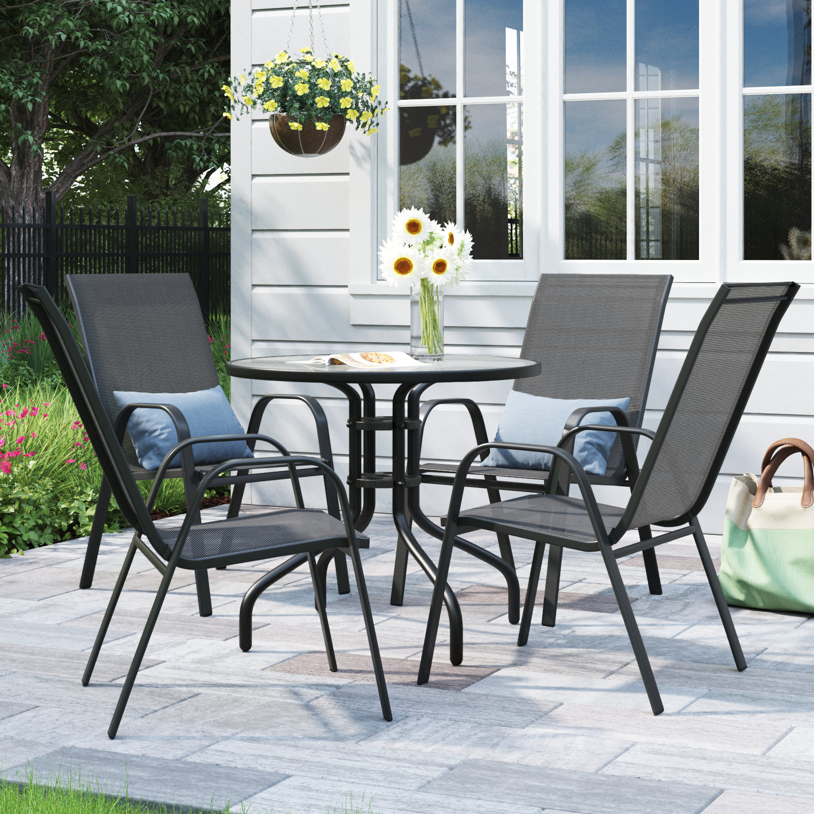 Lark Manor™ Elgin 5 Piece Patio Dining Set - Glass Table, 4 Flex Stack ...