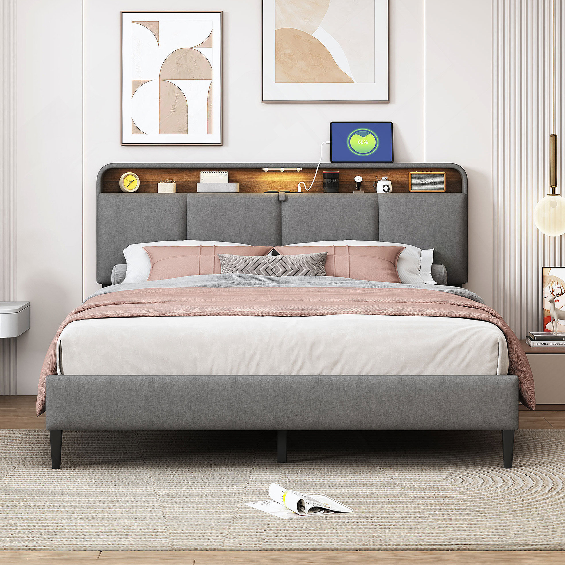Ebern Designs Upholstered Platform Bed with Storage Headboard, Light ...