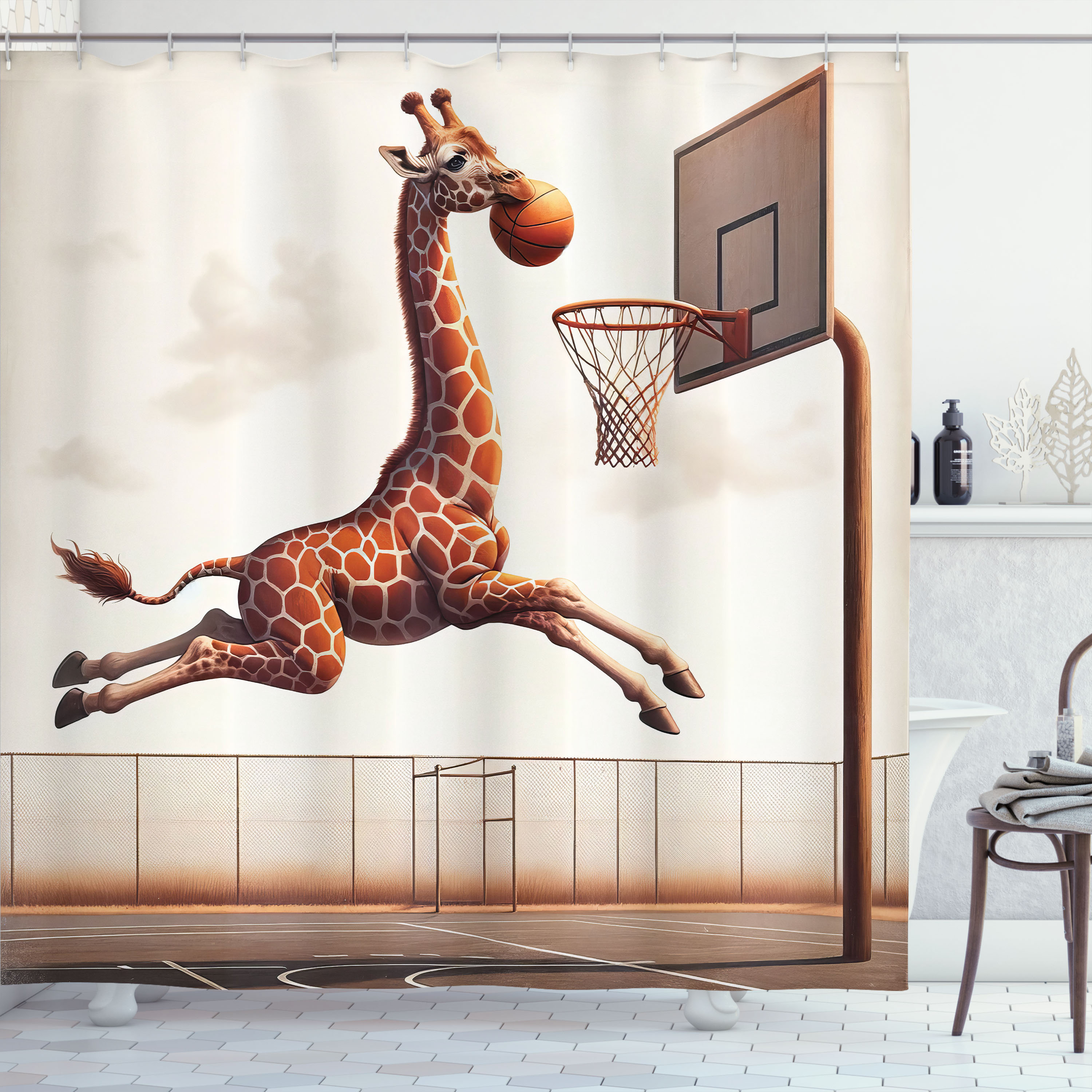 East Urban Home Basketball Shower Curtain Humor Funny Giraffe Dunk in ...