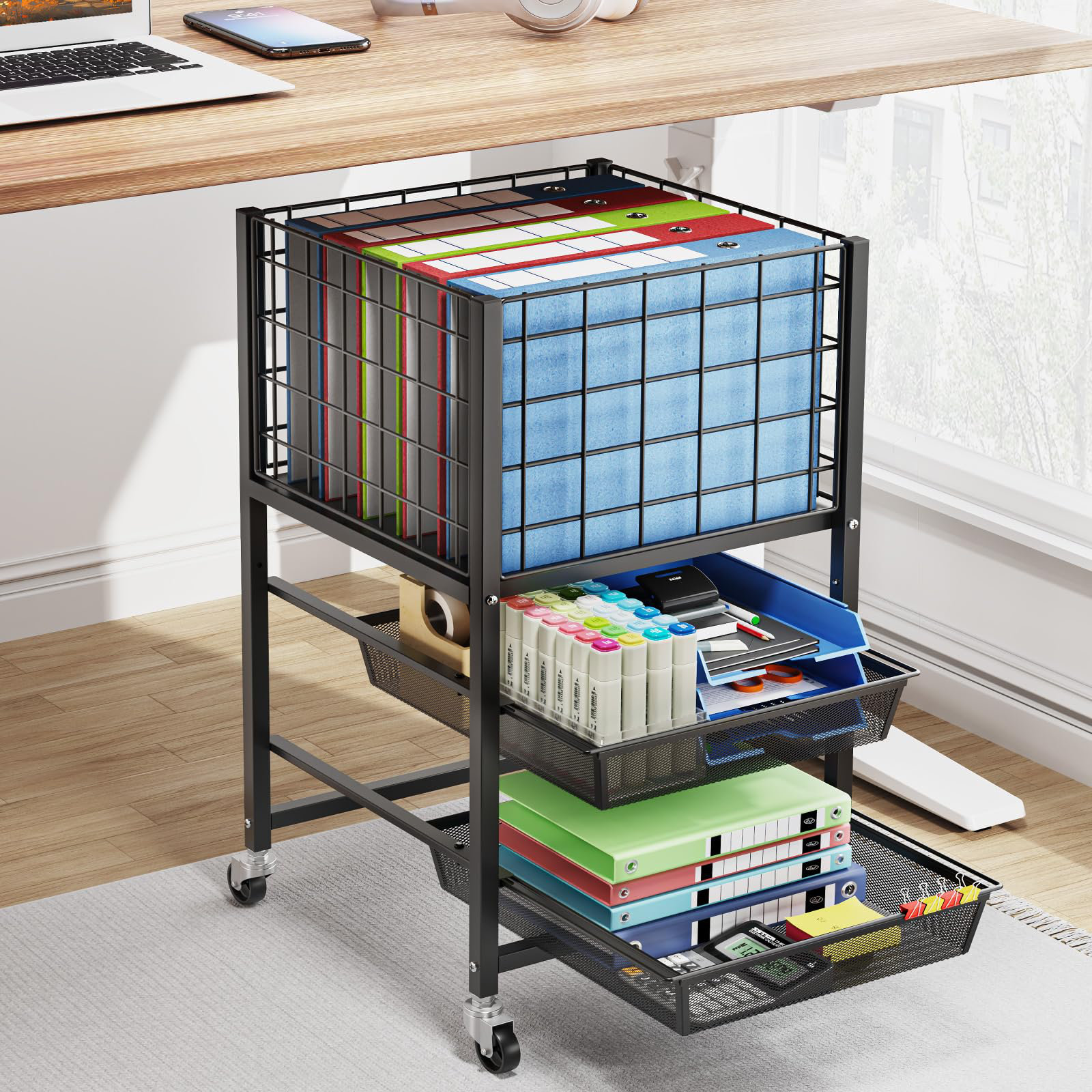 BBCPC 3-Tier Rolling File Cart with Sliding Trays, Metal Storage ...