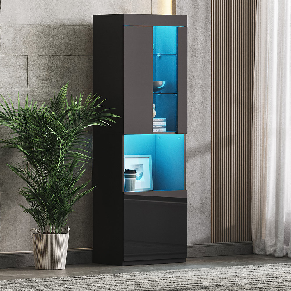 Ivy Bronx High Gloss Storage Cabinet with LED Lights and Tempered Glass ...