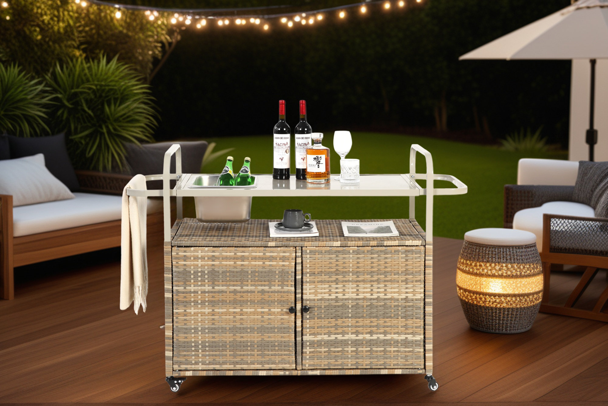 Rosecliff Heights Beige Outdoor Bar Table Wicker Bar Cart With Steel ...