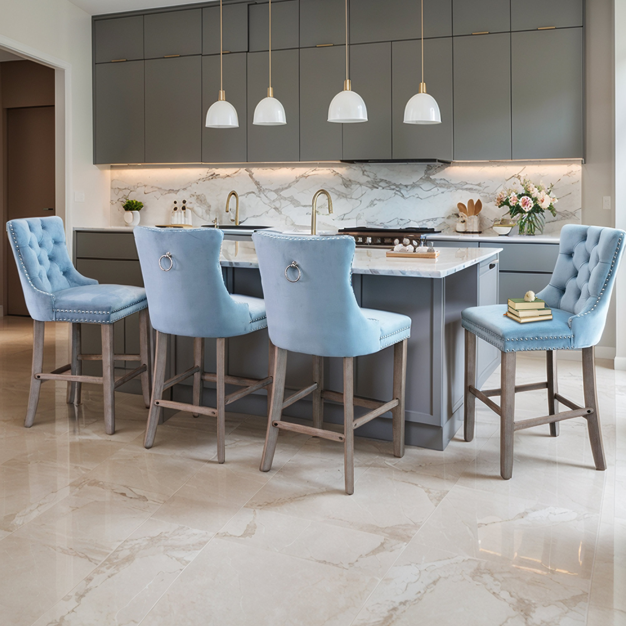 Rosdorf Park Velvet Nailhead Wing Back Counter Height Barstools(Set of ...