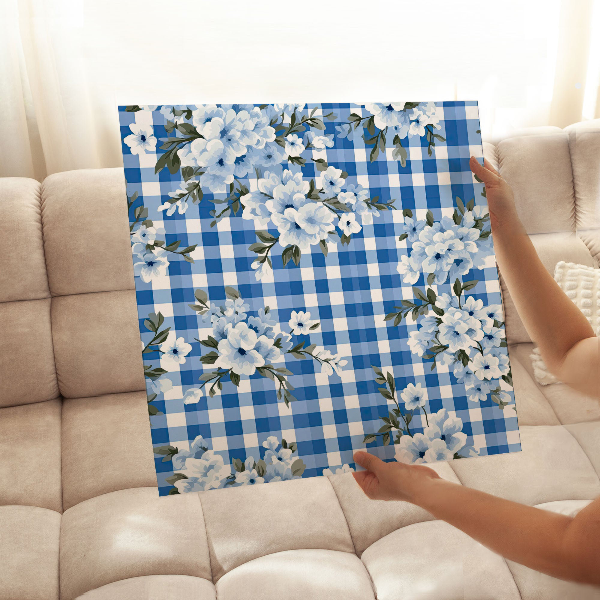 August Grove® Floral Blue Gingham Flowers XI Shabby Chic Unframed Art ...