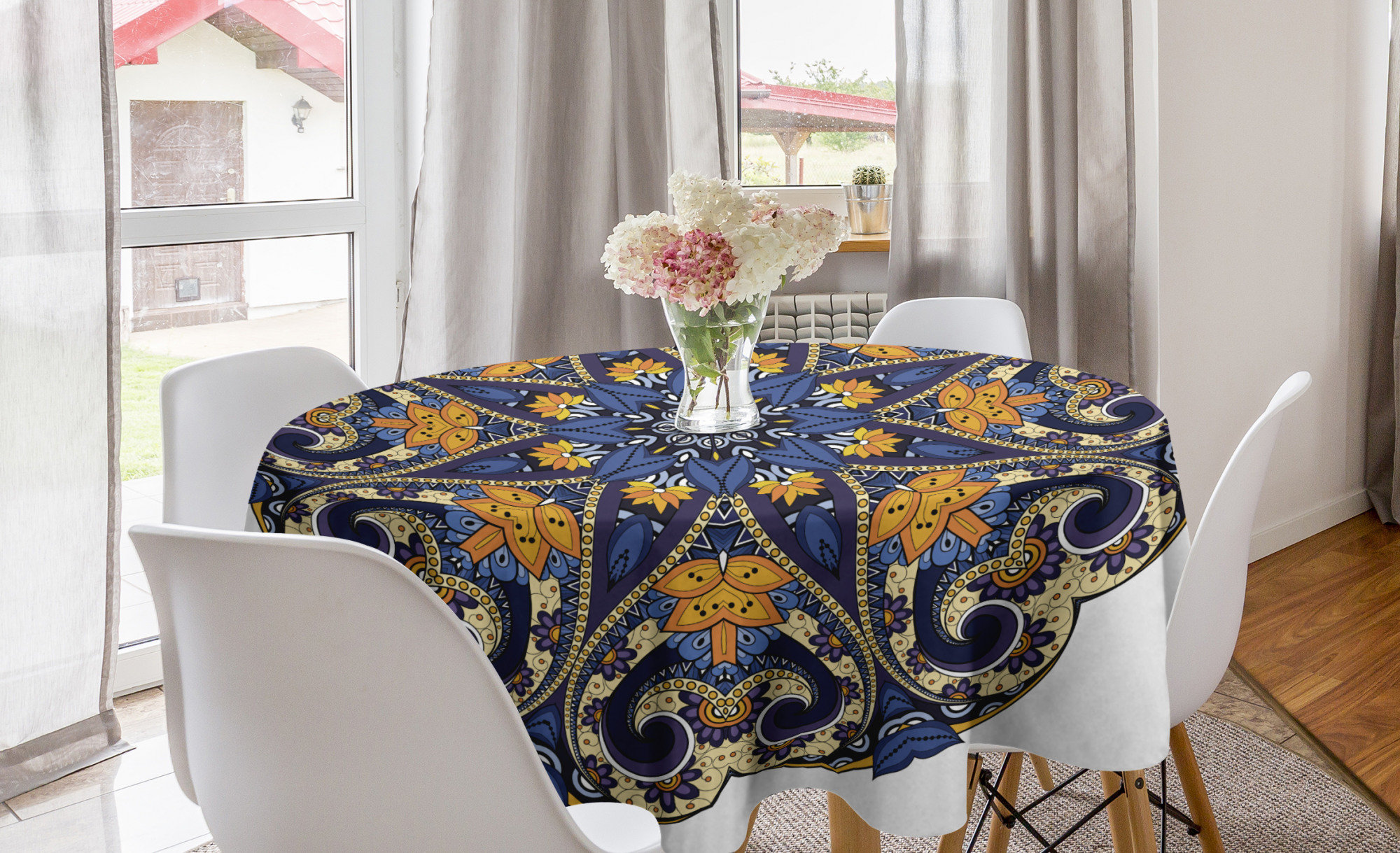 East Urban Home Mandala Round Tablecloth, Floral Motif Vibrant Colors ...