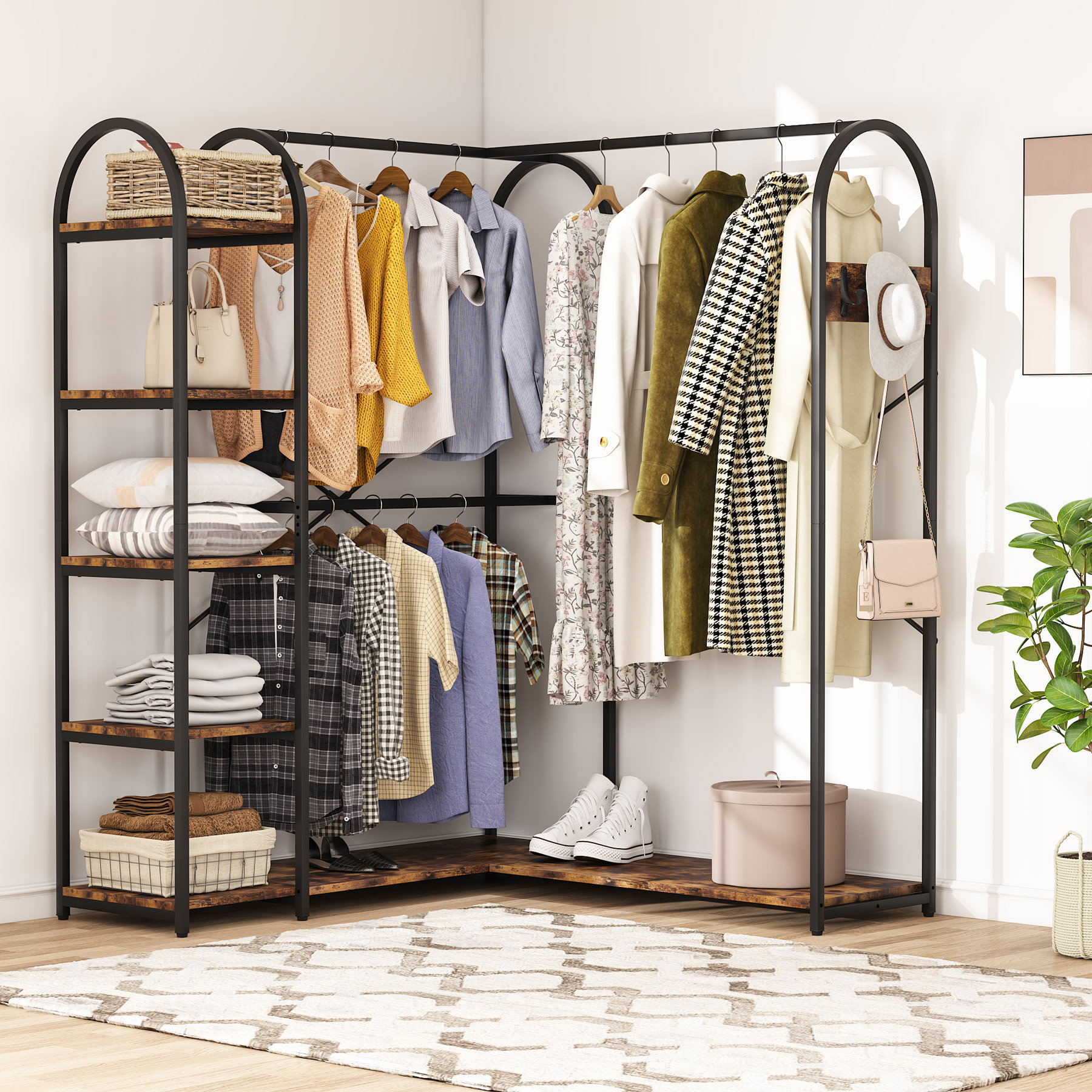 17 Stories L Shape Corner Garment Rack With Storage Shelves And Hanging ...