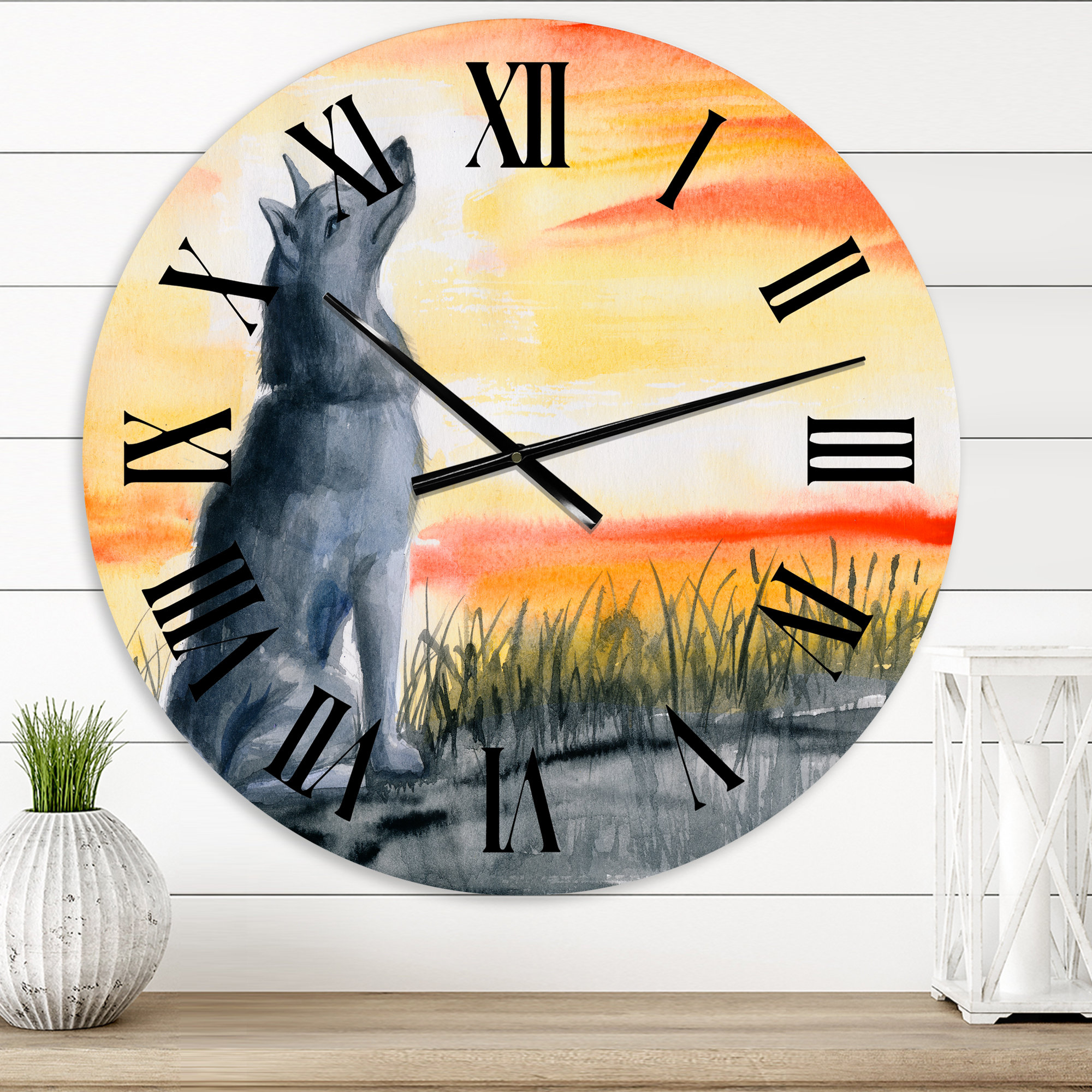 East Urban Home Gray Wolf Howling At The Moon - Traditional wall clock ...