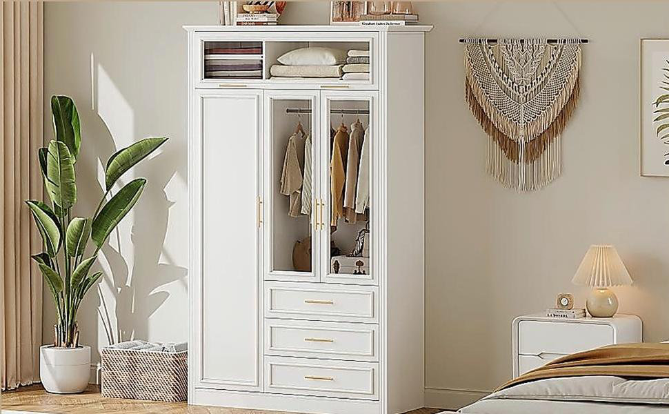 George Oliver 4 Door Wardrobe Armoire Closet with LED and 3 Drawers ...