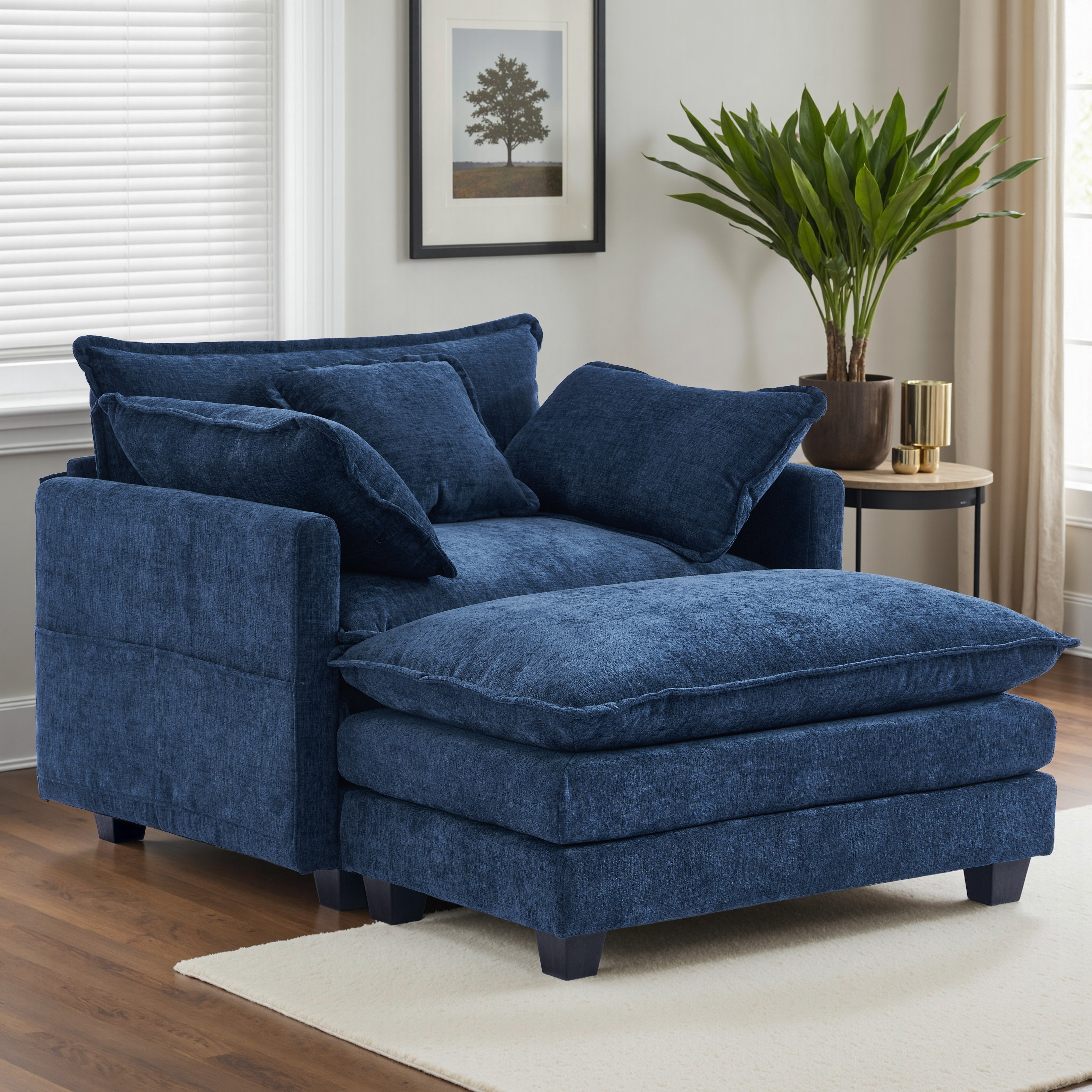 Mercer41 Chaise Lounge Chair Indoor with Ottoman, Oversized Chenille ...