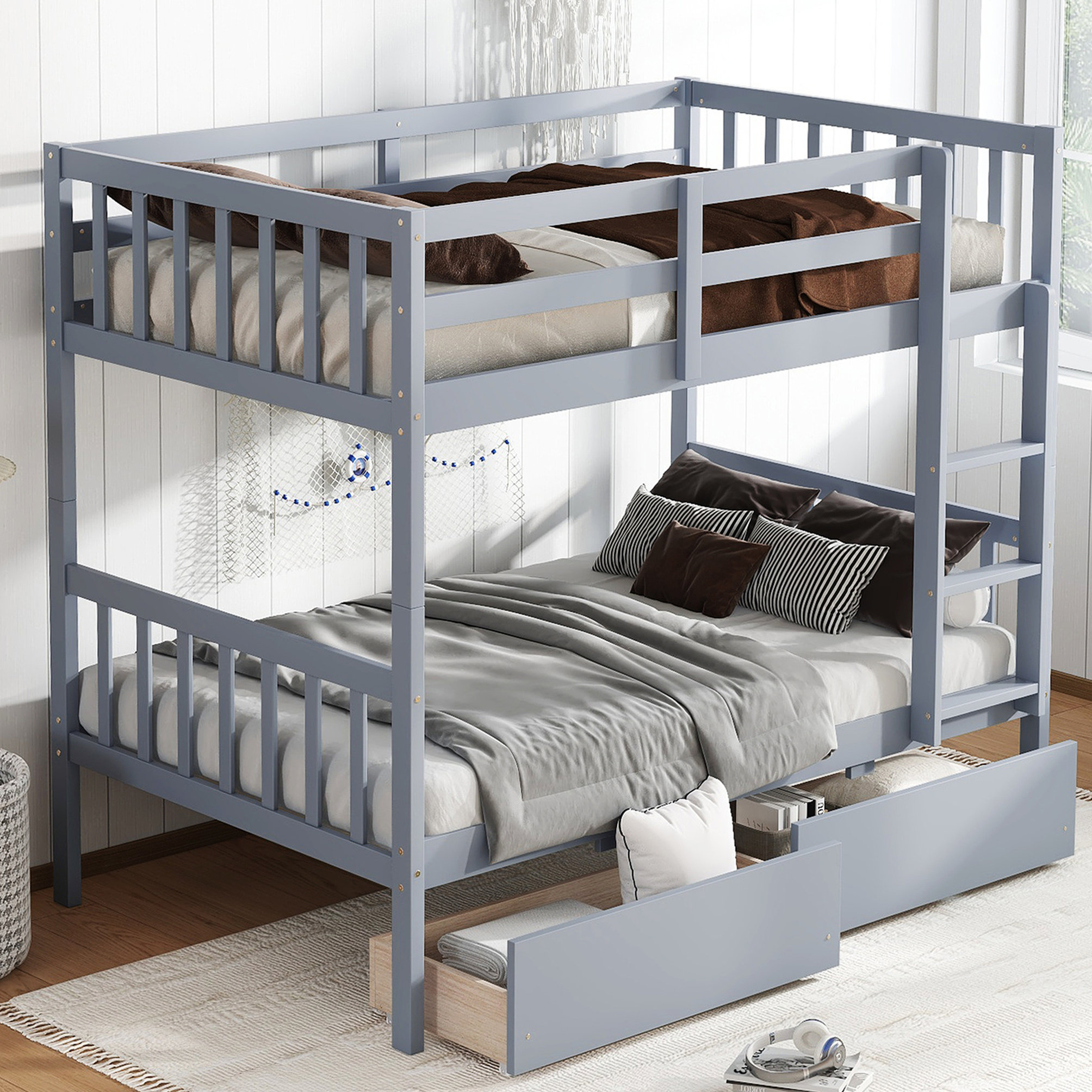 17 Stories Rubber Wood Bunk Bed With 2 Drawers, Convertible Into 2 Beds ...