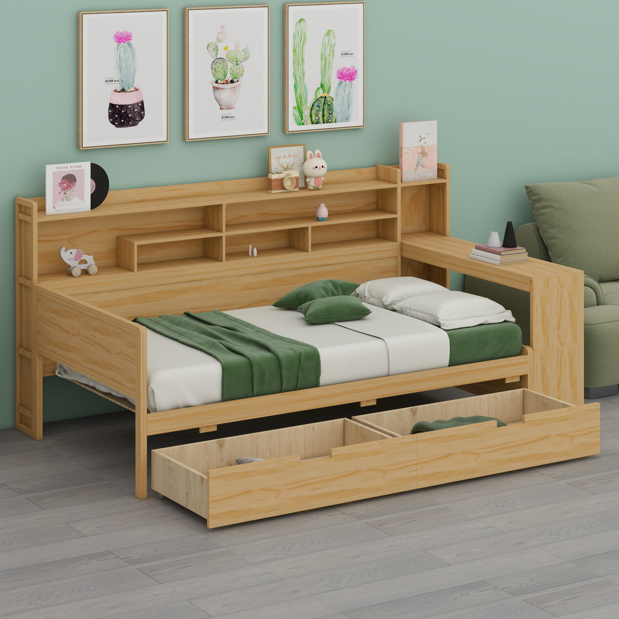 Bay Isle Home™ Wooden Daybed With Storage Shelves, Multi-Functional Bed ...