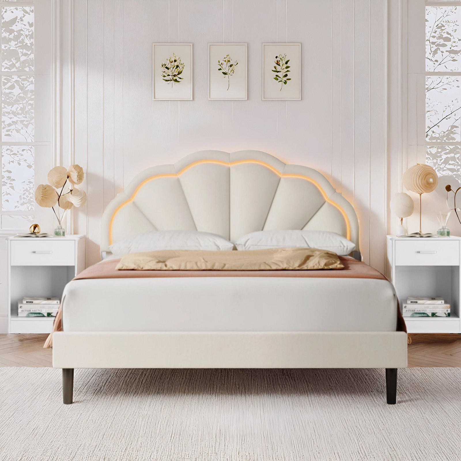 Ebern Designs 3-Piece Bedroom Sets, Upholstered Bed with Adjustable ...