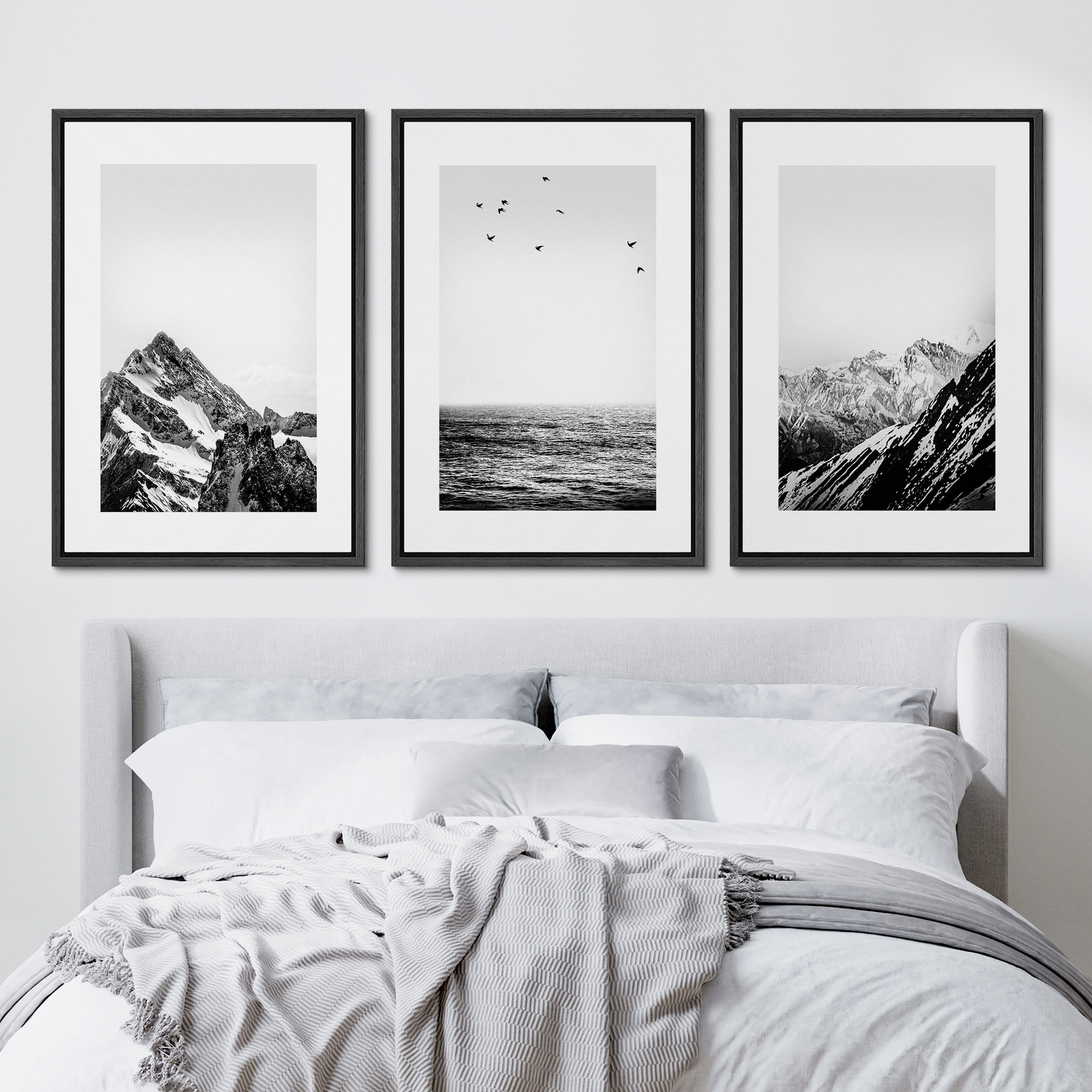 IDEA4WALL Coastal Beach Black White Photo Snowy Winter Mountain Neutral ...