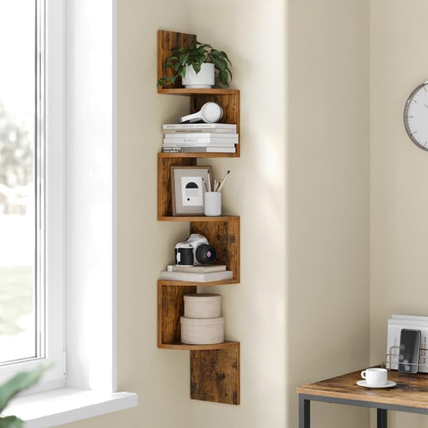 Latitude Run® Corner Shelf Wall Mounted, 5-Level Floating Corner Bookshelf, Storage Display ...