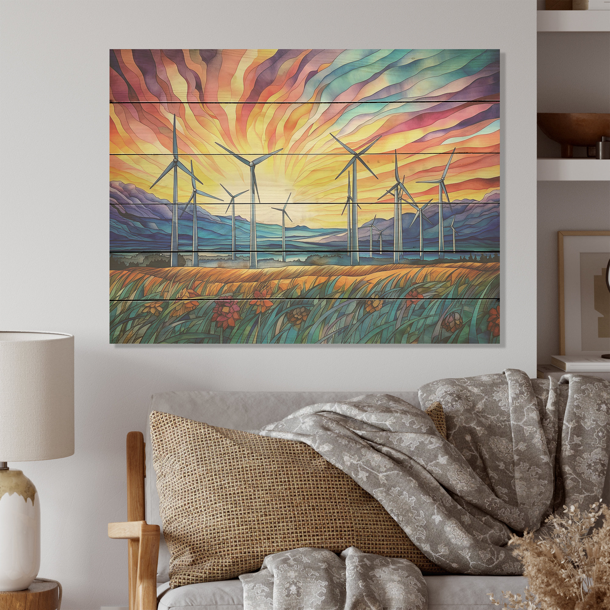 Lark Manor™ Wind Turbines Sunrise Meadow - Wind Turbines Wood Panel ...