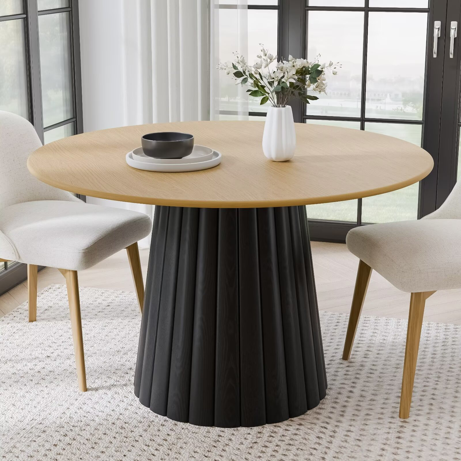 Ivy Bronx 60" Round Walnut Wood Dining Table with Solid Wood Pedestal ...