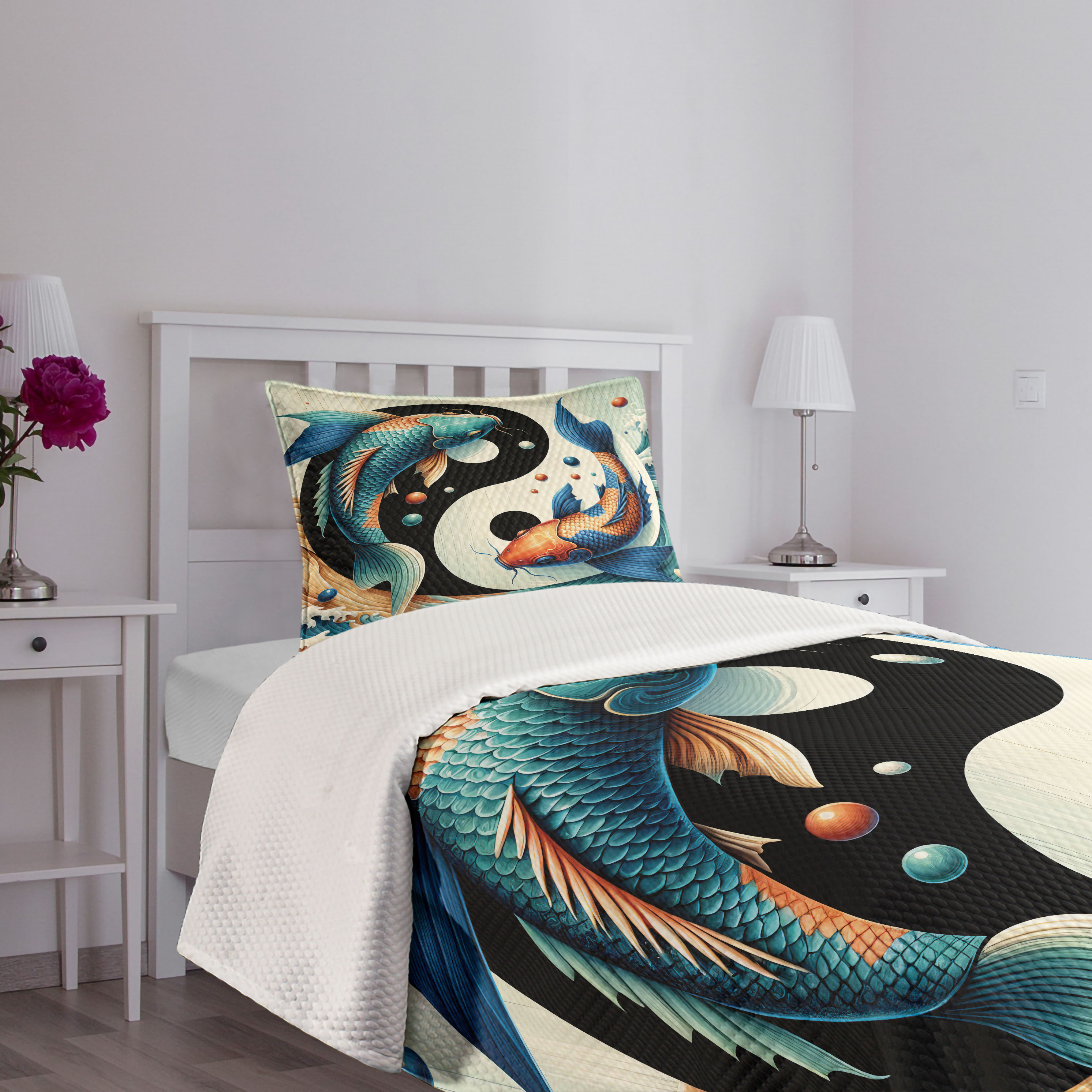 Ambesonne Fish Bedspread Set Koi on Yin Yang Symbol Waves Teal Orange ...