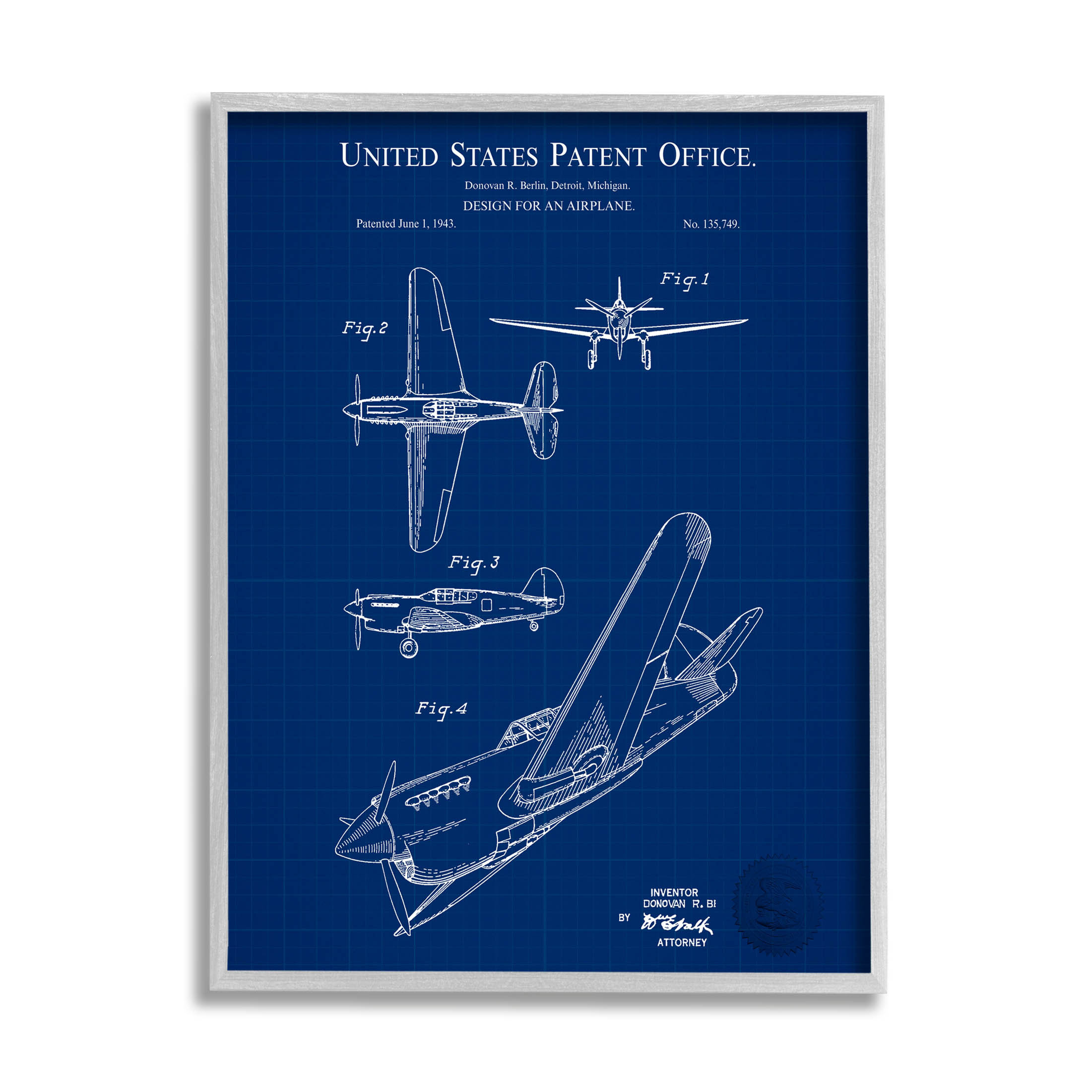 Stupell Industries Vivid Aircraft Blueprint Patent Framed Giclee Art By ...