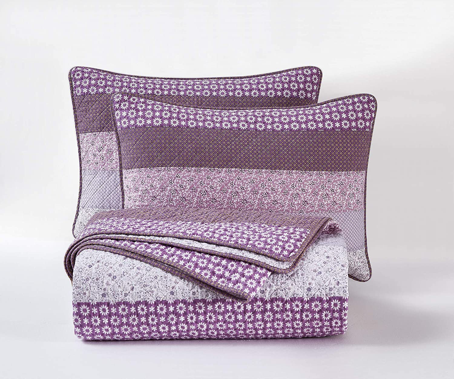 Chezmoi Collection Purple Floral Striped Lightweight Cotton Quilt Set ...