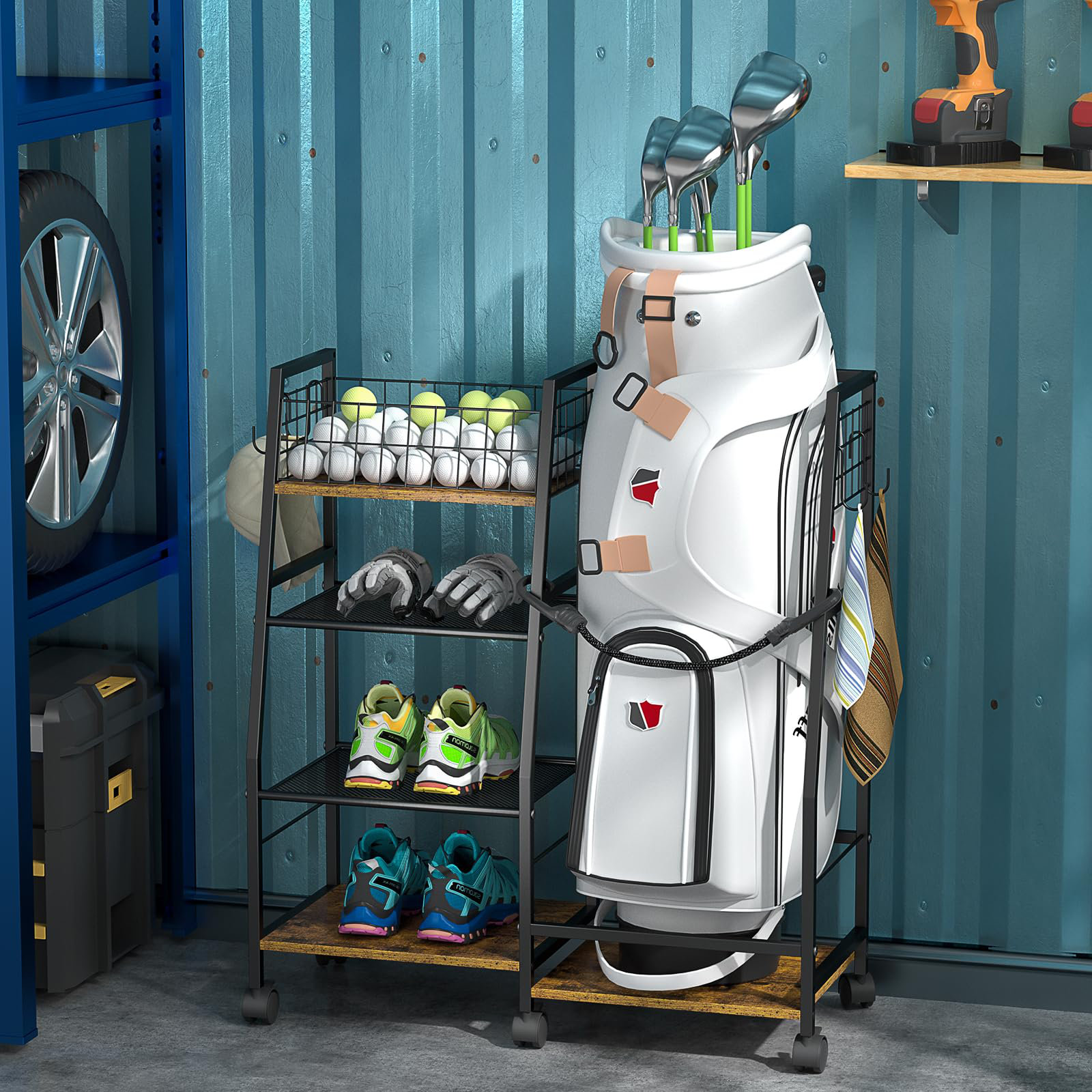 Arlmont & Co. Golf Bag Garage Storage Rack With Wheels, Organizer For ...