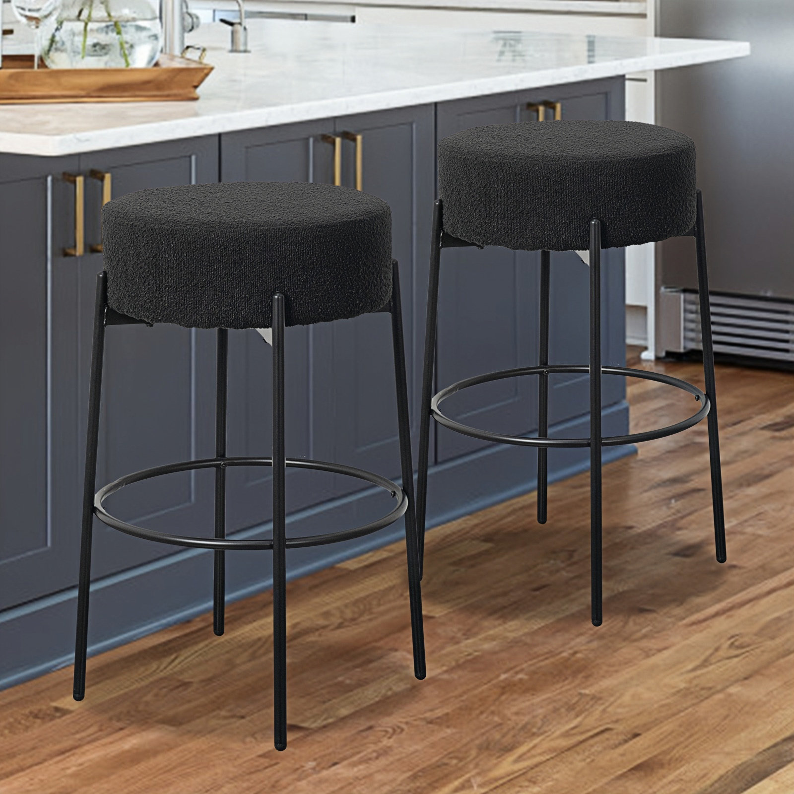 George Oliver Modern Bar Stools Set of 2 with Round Soft Padded Boucle ...