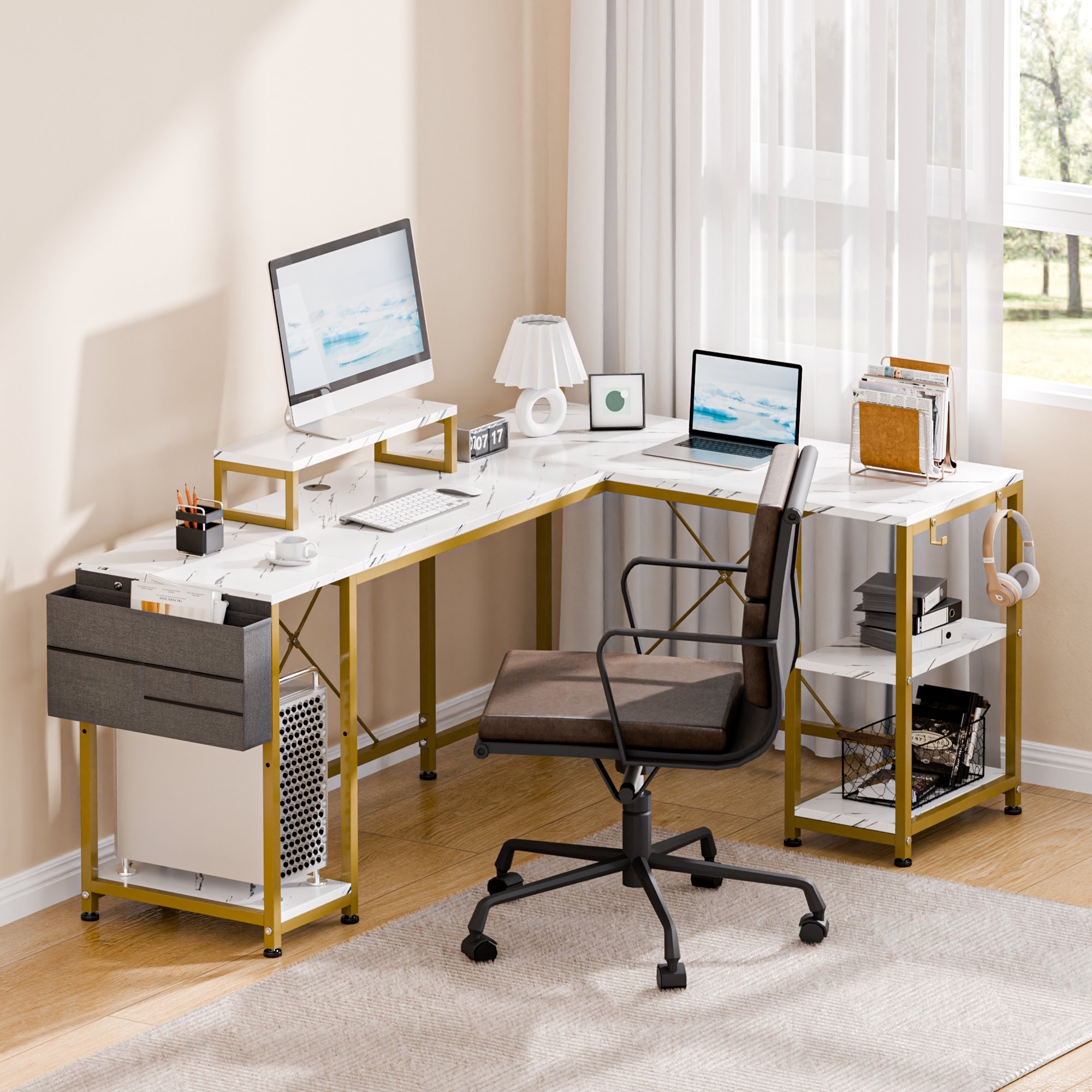 Latitude Run® 95" L-Shaped Desk with Shelves,Corner Computer Desk or 2 ...