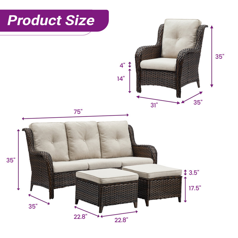 Wildon Home® Bonia Wicker Rattan 5 Piece Complete Patio Set with ...