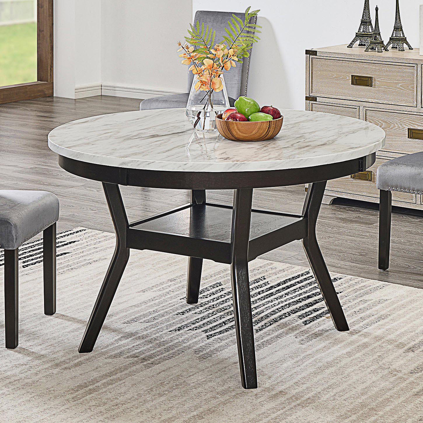 Wrought Studio™ Faux Marble Top Round Dining Table With Shelf | Wayfair