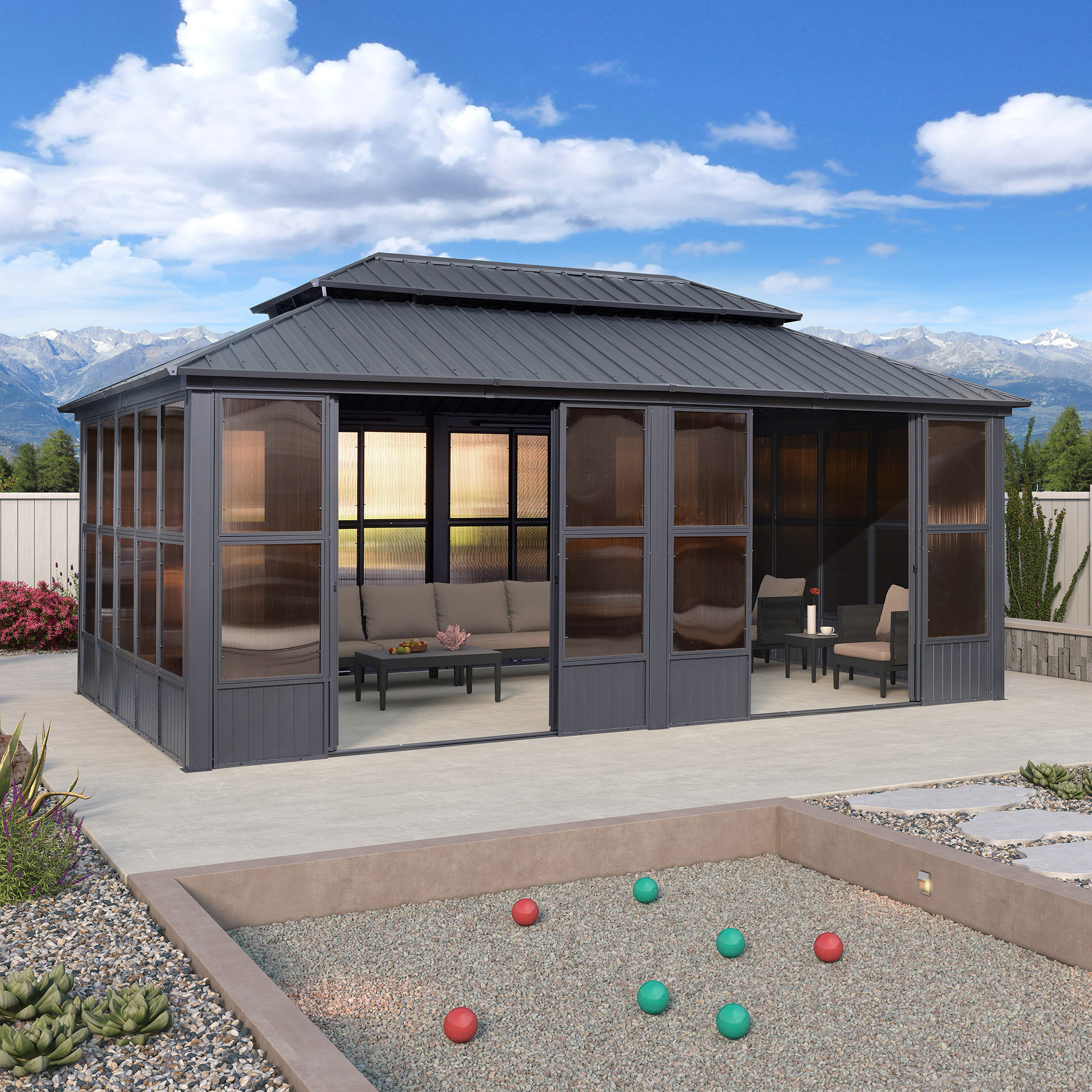 Purple Leaf 12 Ft. W X 20 Ft. D Aluminum Patio Gazebo Patio Hardtop Gazebo Double Top Outdoor ...