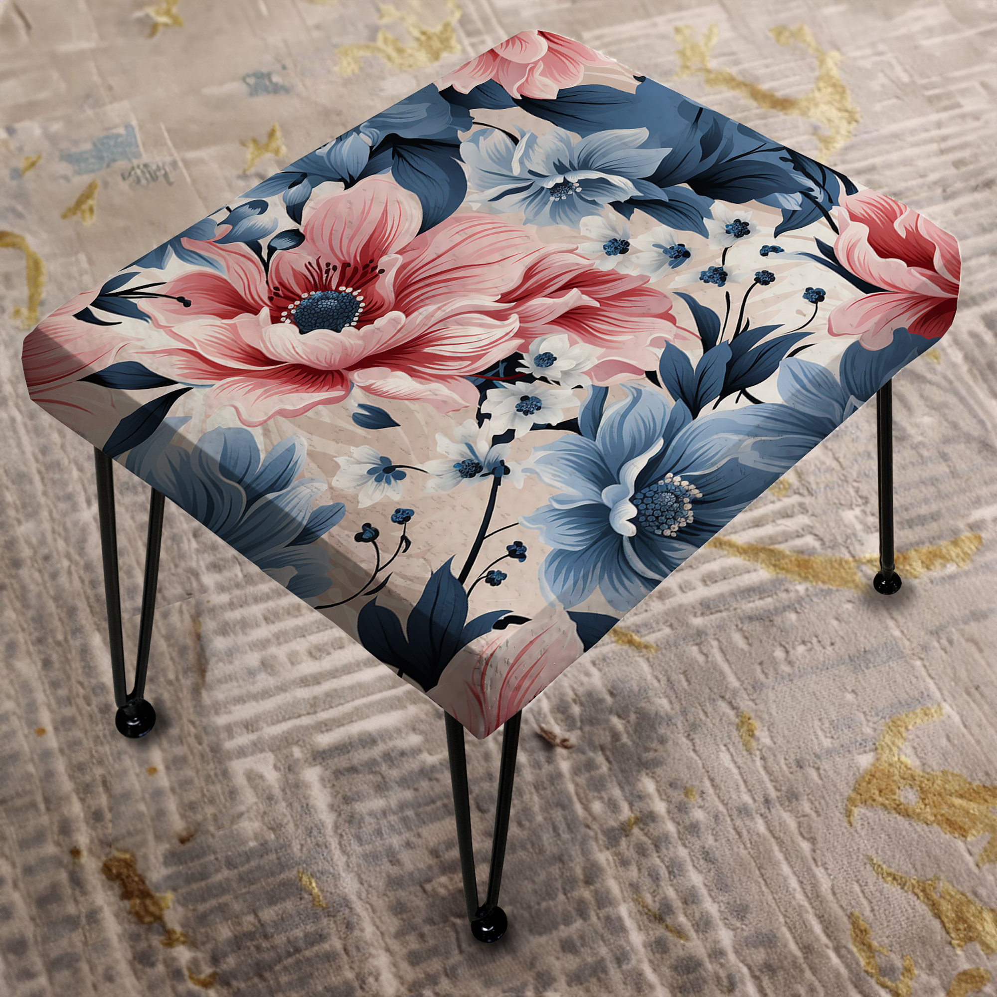 Design Art Pink & Blue Gingham Charm Floral Pattern - Floral Rectangle ...