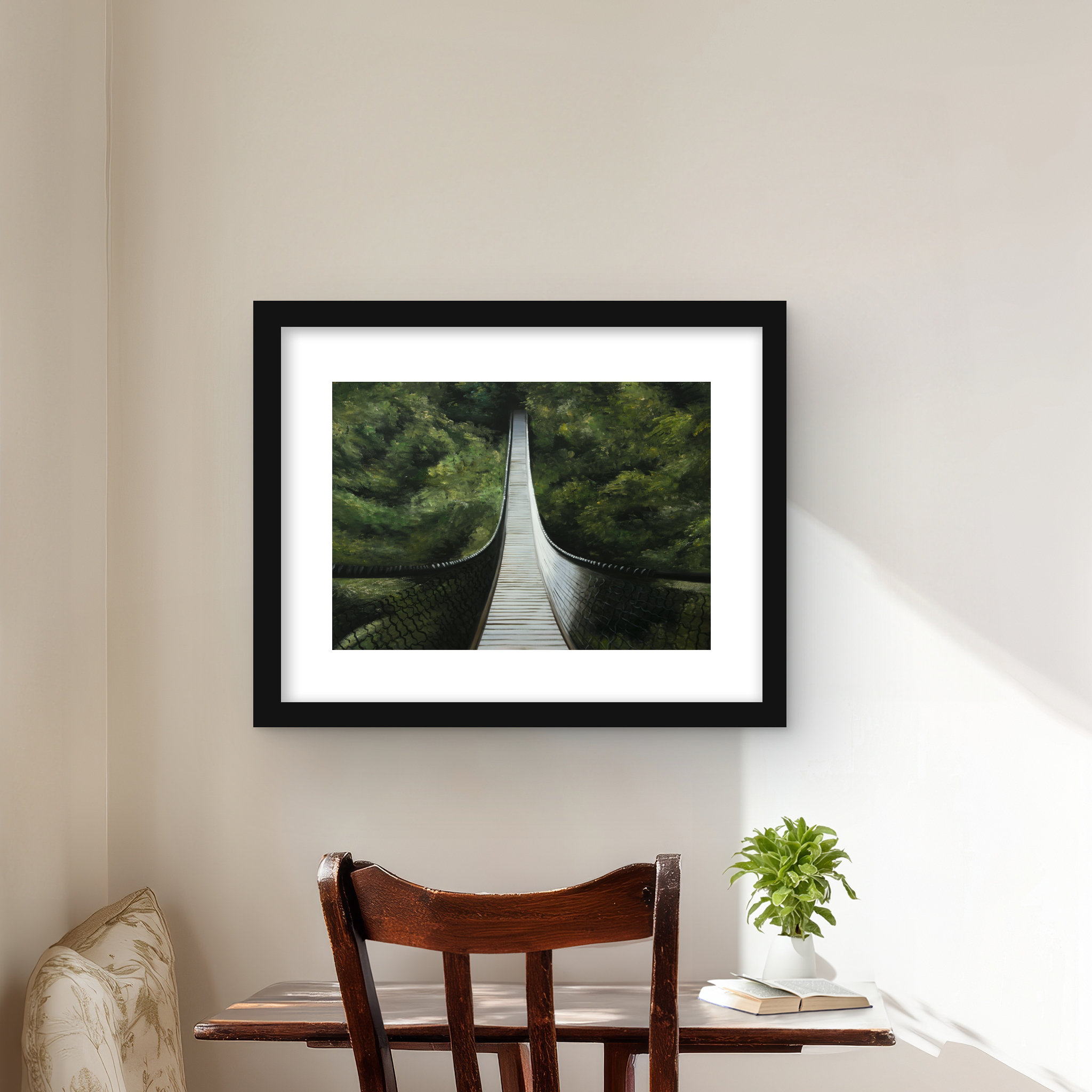 Lark Manor™ Suspended Bridge in the Forest - Gray Modern Framed Print ...