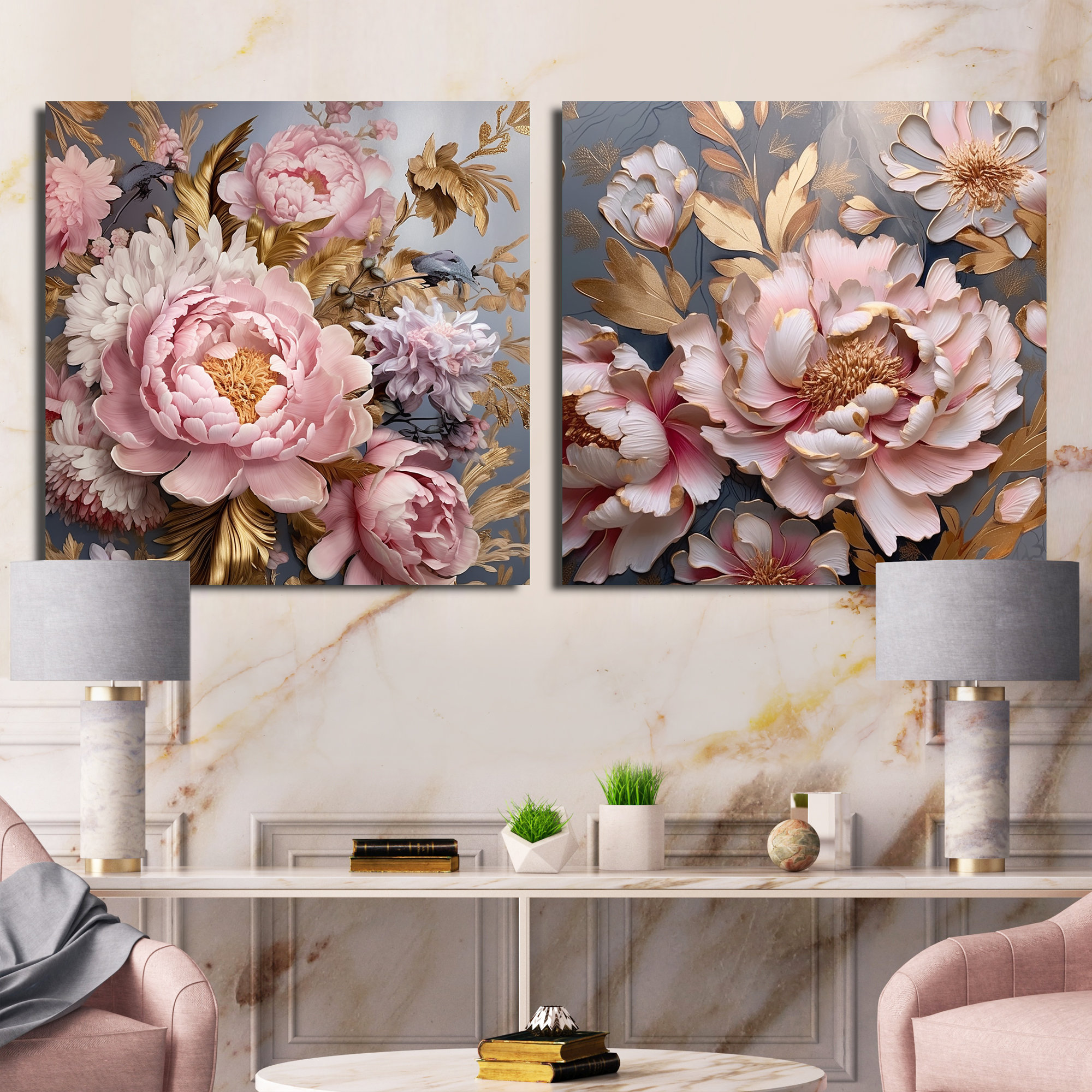 Lark Manor™ Pivoines roses rétro - feuilles dorées - ensemble de 2 ...