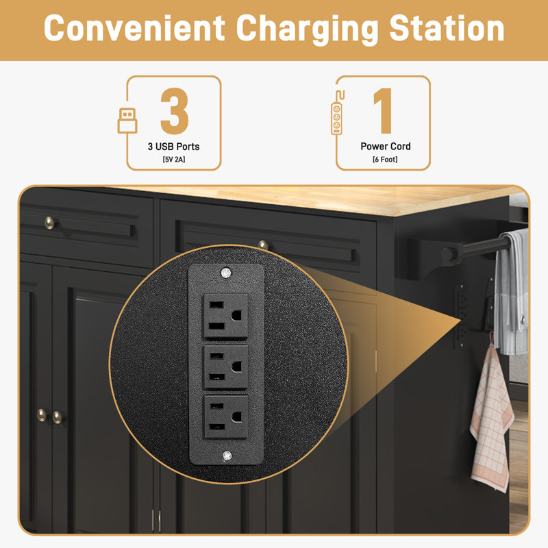 Winston Porter 55" Movable Kitchen Island With Drop Leaf And Power ...