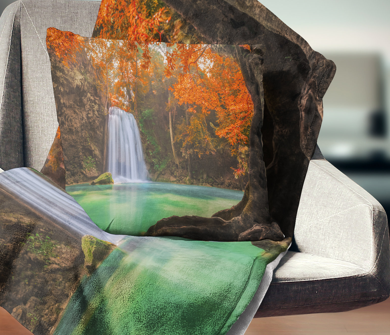 Design Art Erawan Waterfall - Landscape Printed Pillow | Wayfair