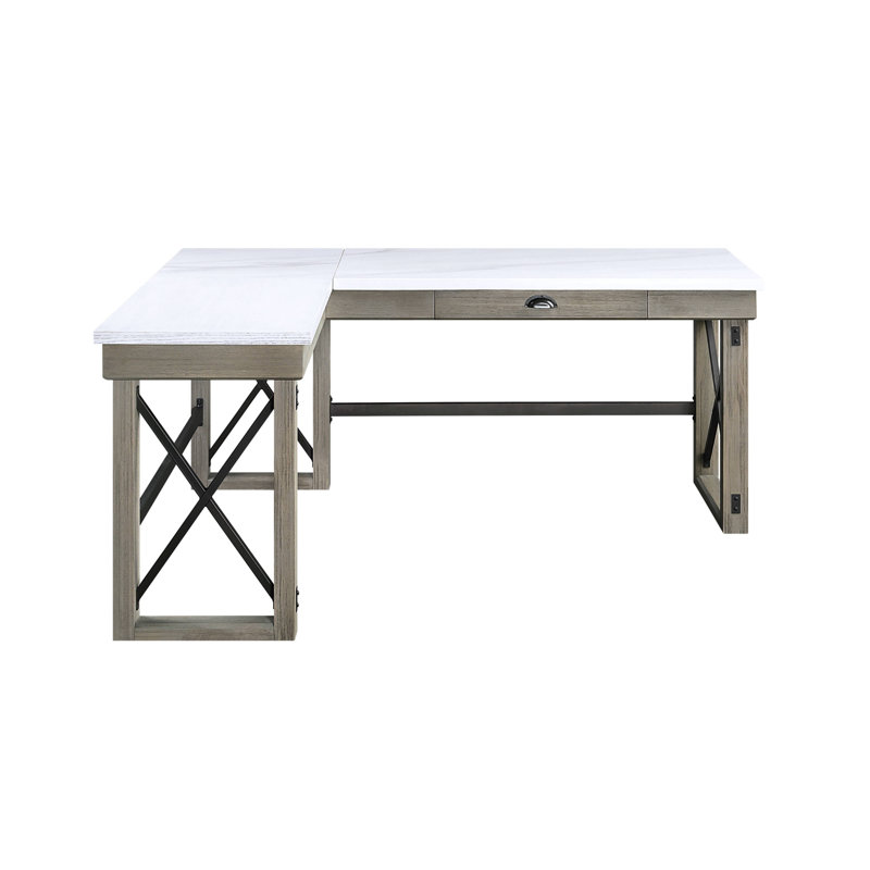 HomeRoots 67" White and Brown Marble L Shape Writing Desk | Wayfair