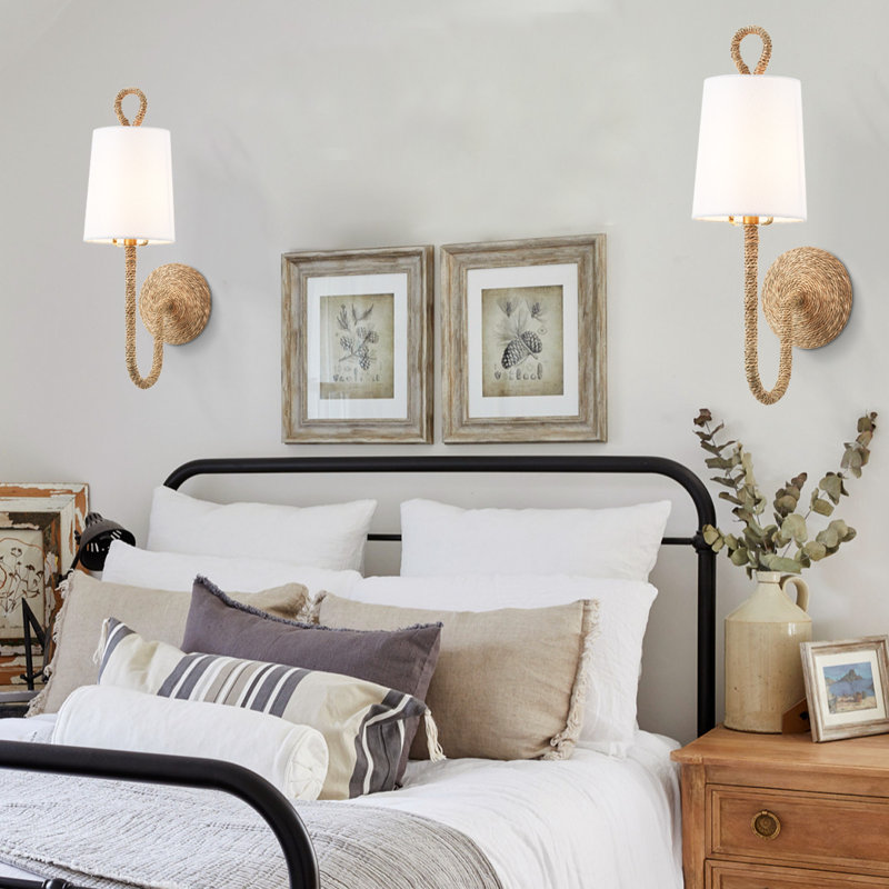 Breakwater Bay Modern Armed Wall Sconces With White Fabric Shade | Wayfair
