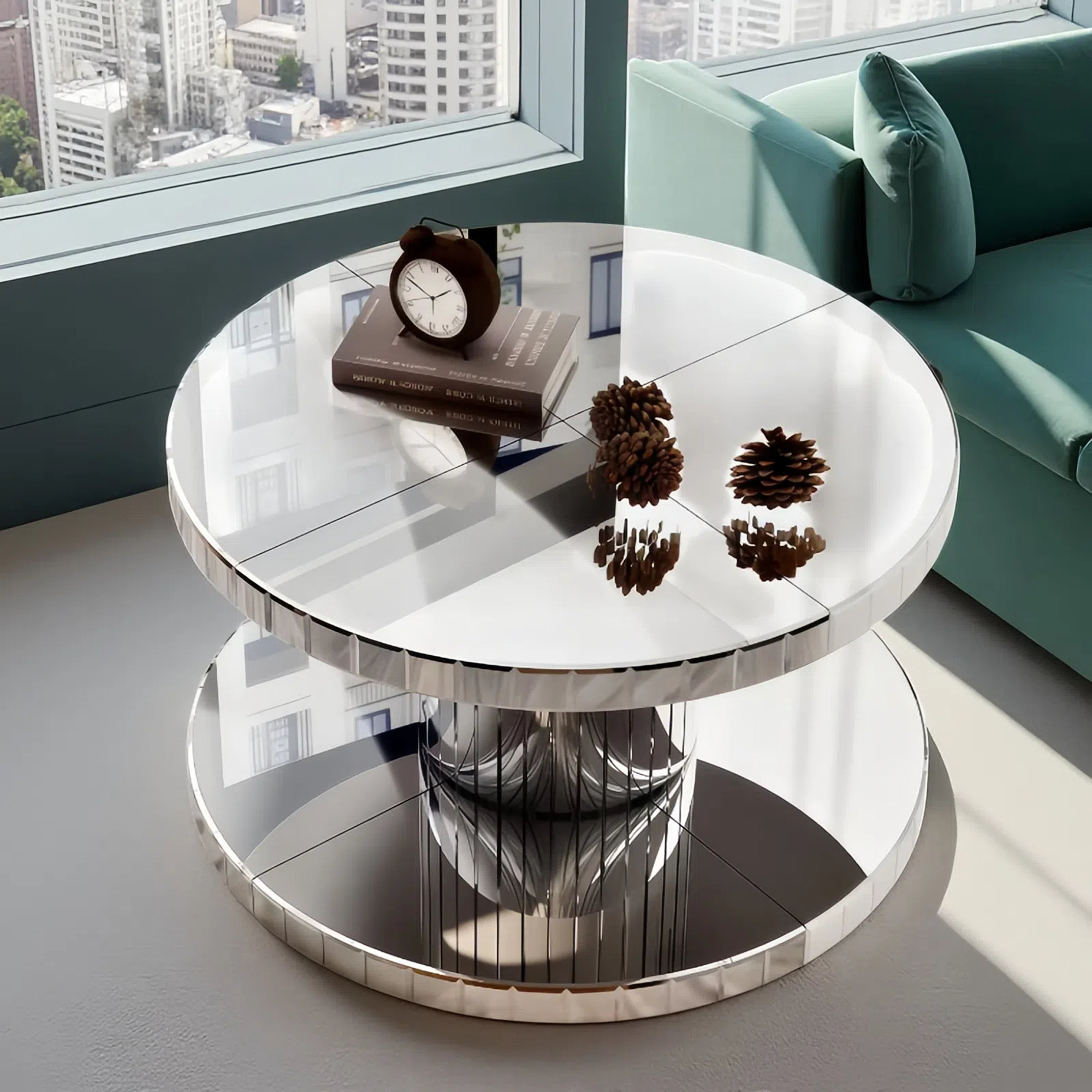 Everly Quinn 31" Round Mirror Coffee Table With Fluted Glass - Modern ...