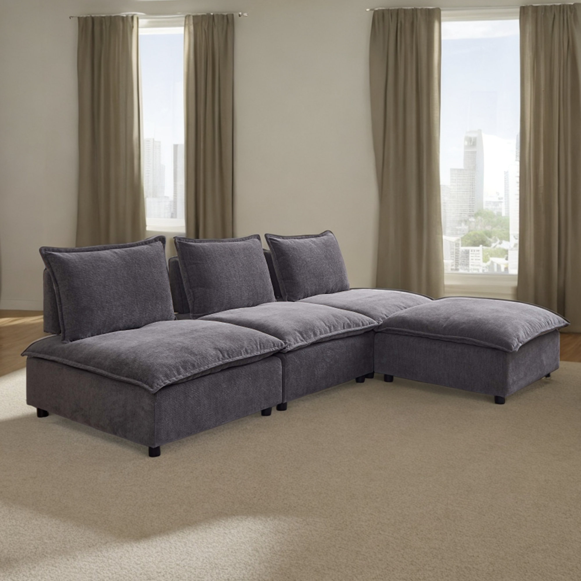 Hokku Designs Modern Armless L-Shaped Sectional Sofa Couch With Ottoman ...