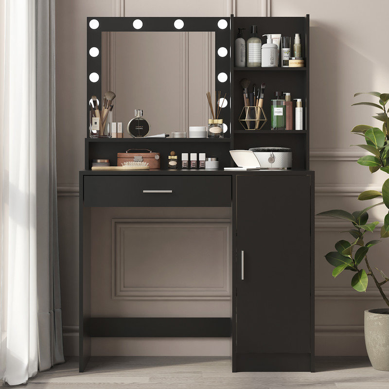 Ebern Designs Makeup Vanity Desk with LED Mirror and Multi-Level ...