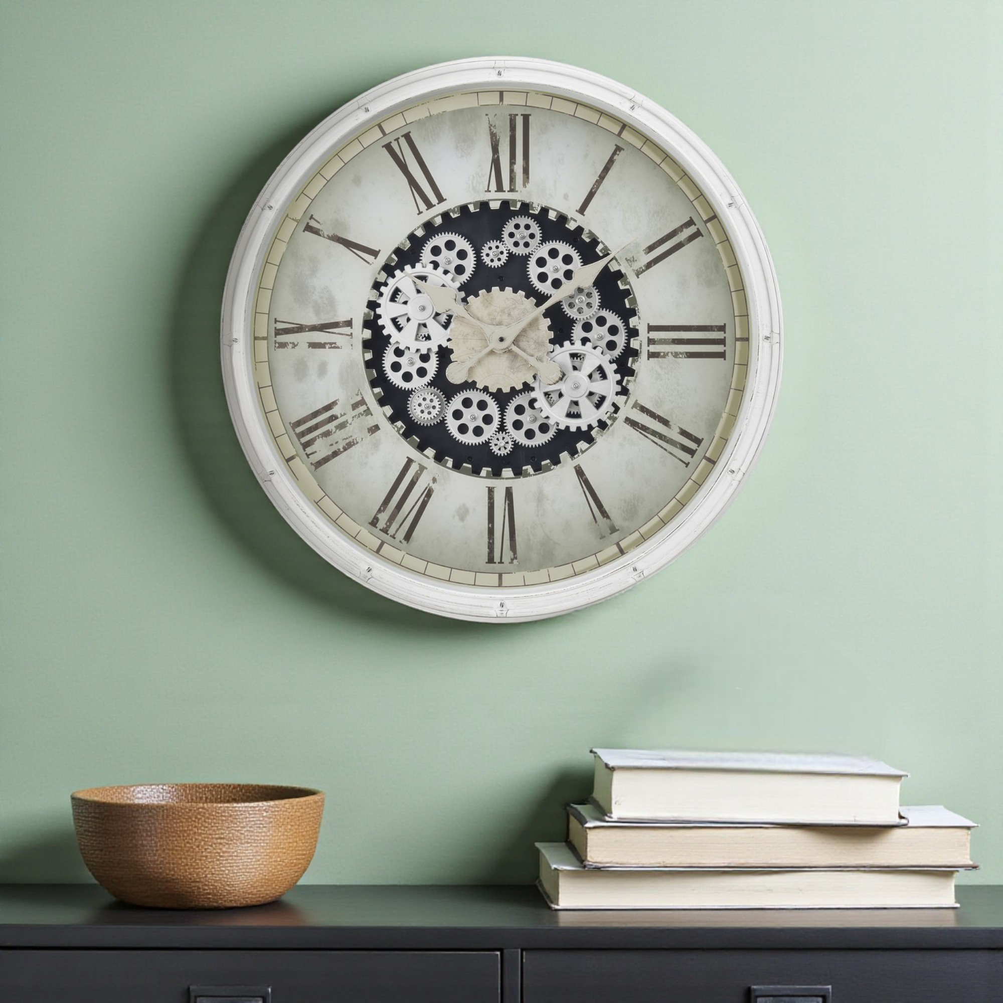 17 Stories Valina Round Gear Mechanism Wall Clock, White, Transitional ...